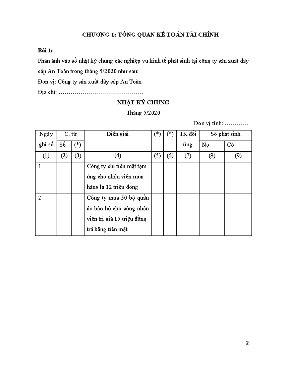 Bai Tap KTTC C 1 - Chương 1 - CH ̄¡NG 1: TÞNG QUAN K¾ TOÁN TÀI CHÍNH Bài 1: Ph¿n ánh vào sß nh¿t ...