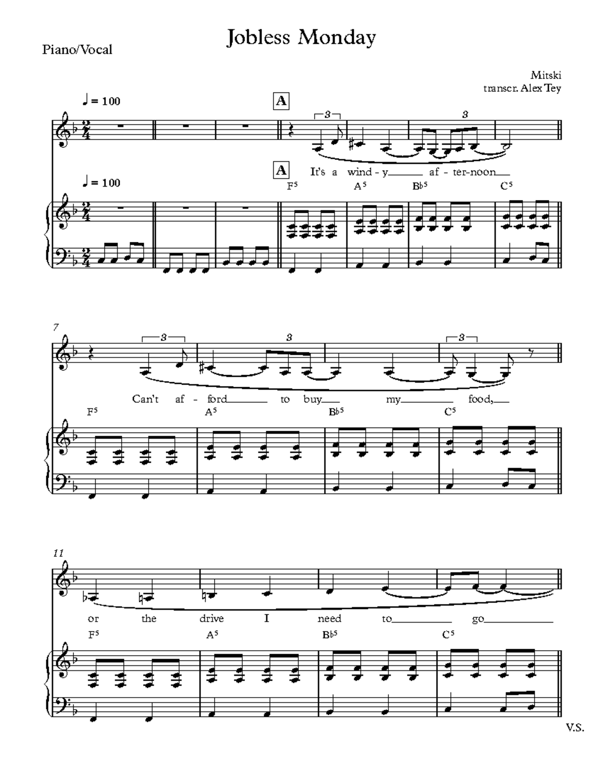 Jobless Monday (piano vocal), arr. Alex Tey - { { { Piano/Vocal It's a ...