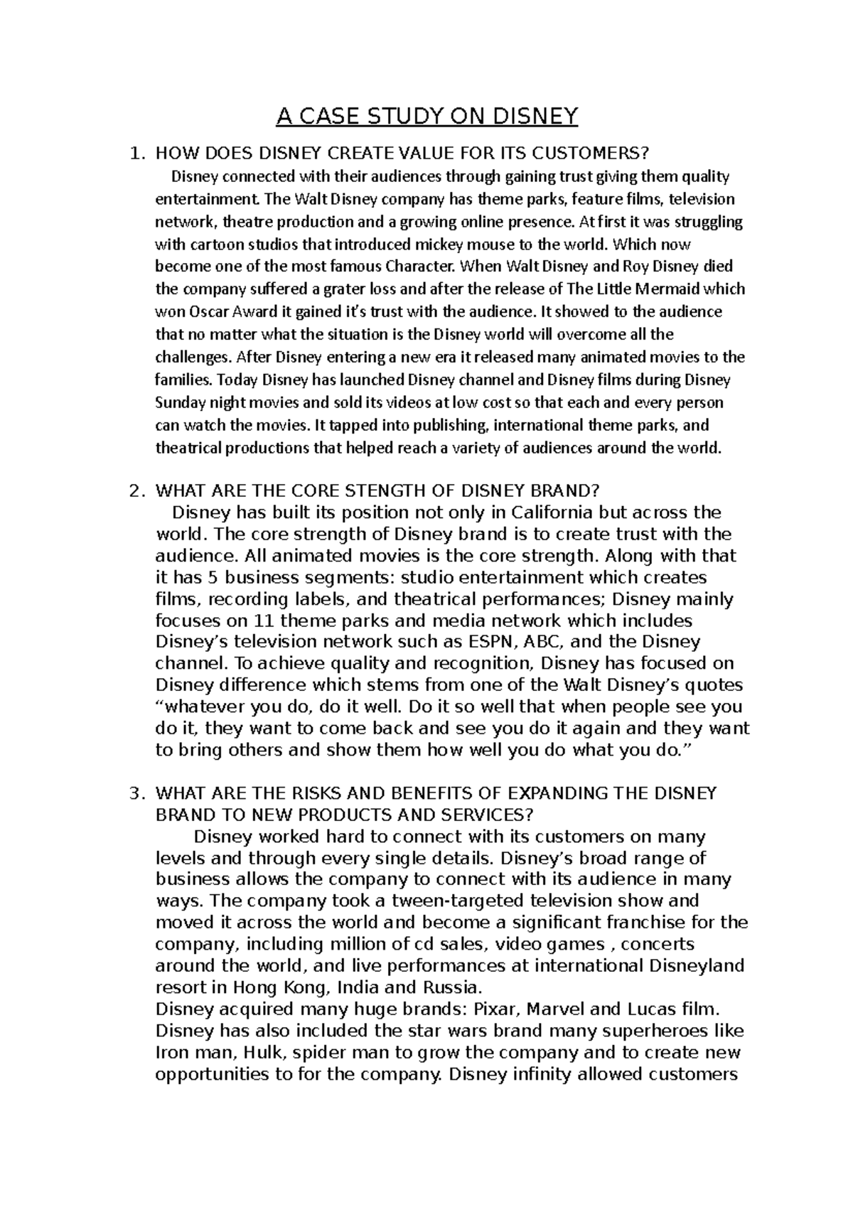 A CASE Study ON Disney - A CASE STUDY ON DISNEY 1. HOW DOES DISNEY ...