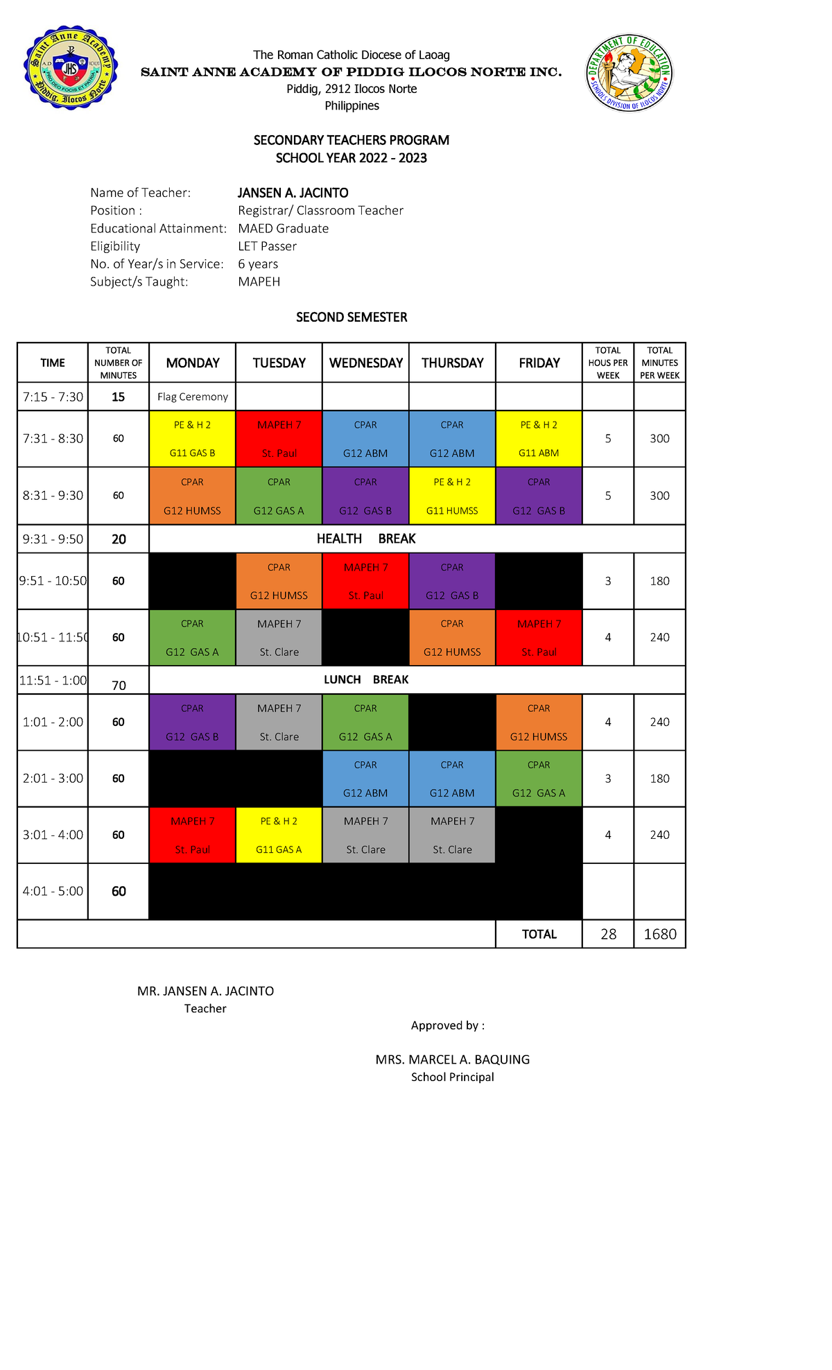 2nd SEM Teachers Program 2022 2023 - Name of Teacher: JANSEN A. JACINTO ...
