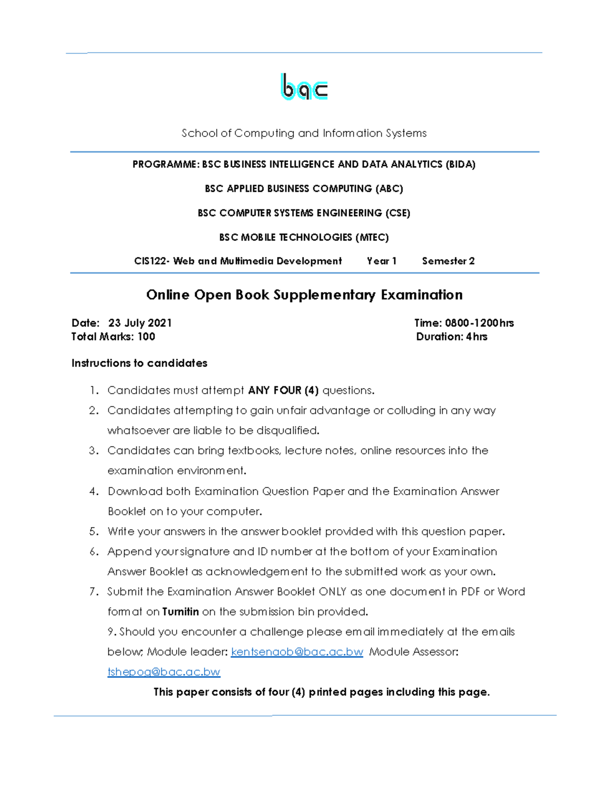 WMD- July Supplementary Exam - School of Computing and Information Systems PROGRAMME: BSC ...