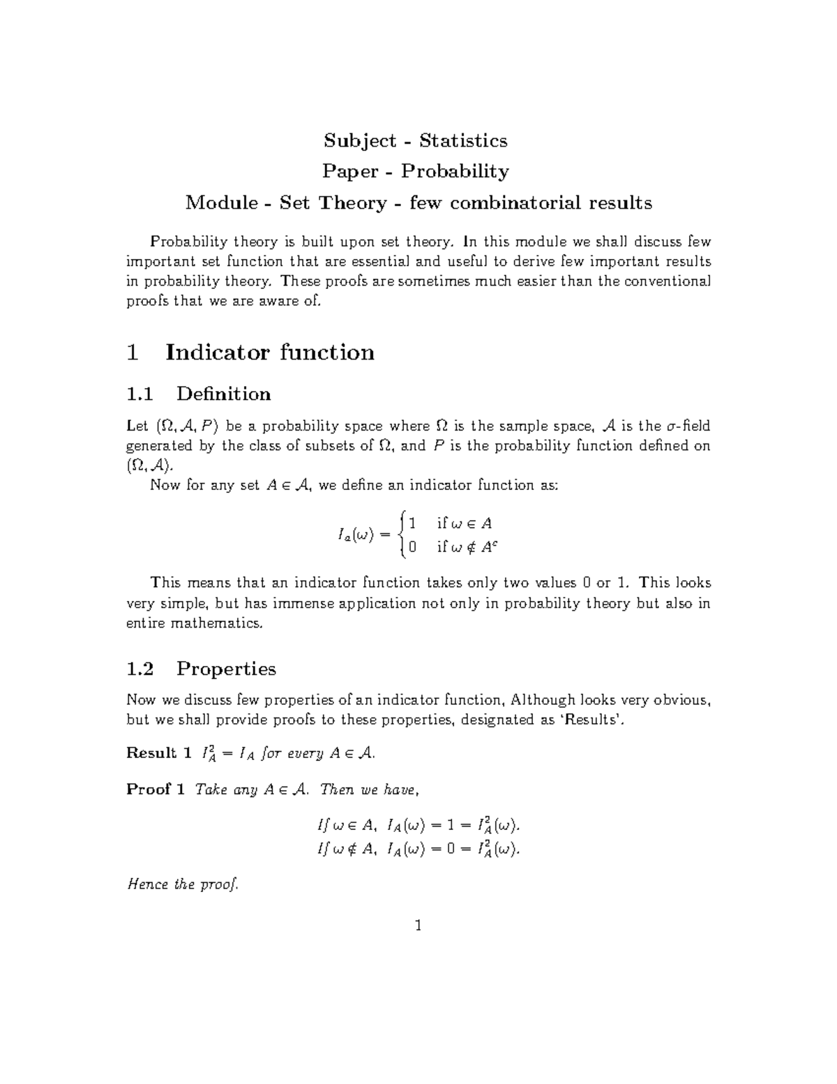 Fungsi indikator - Subject - Statistics Paper - Probability Module - Set Theory - few ...