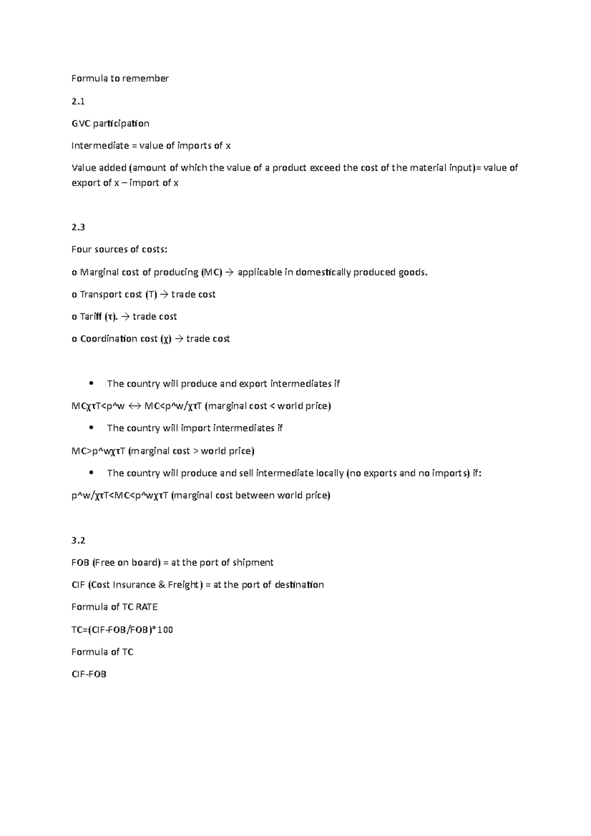 Formula to remember - FDI - Formula to remember 2. GVC participation ...