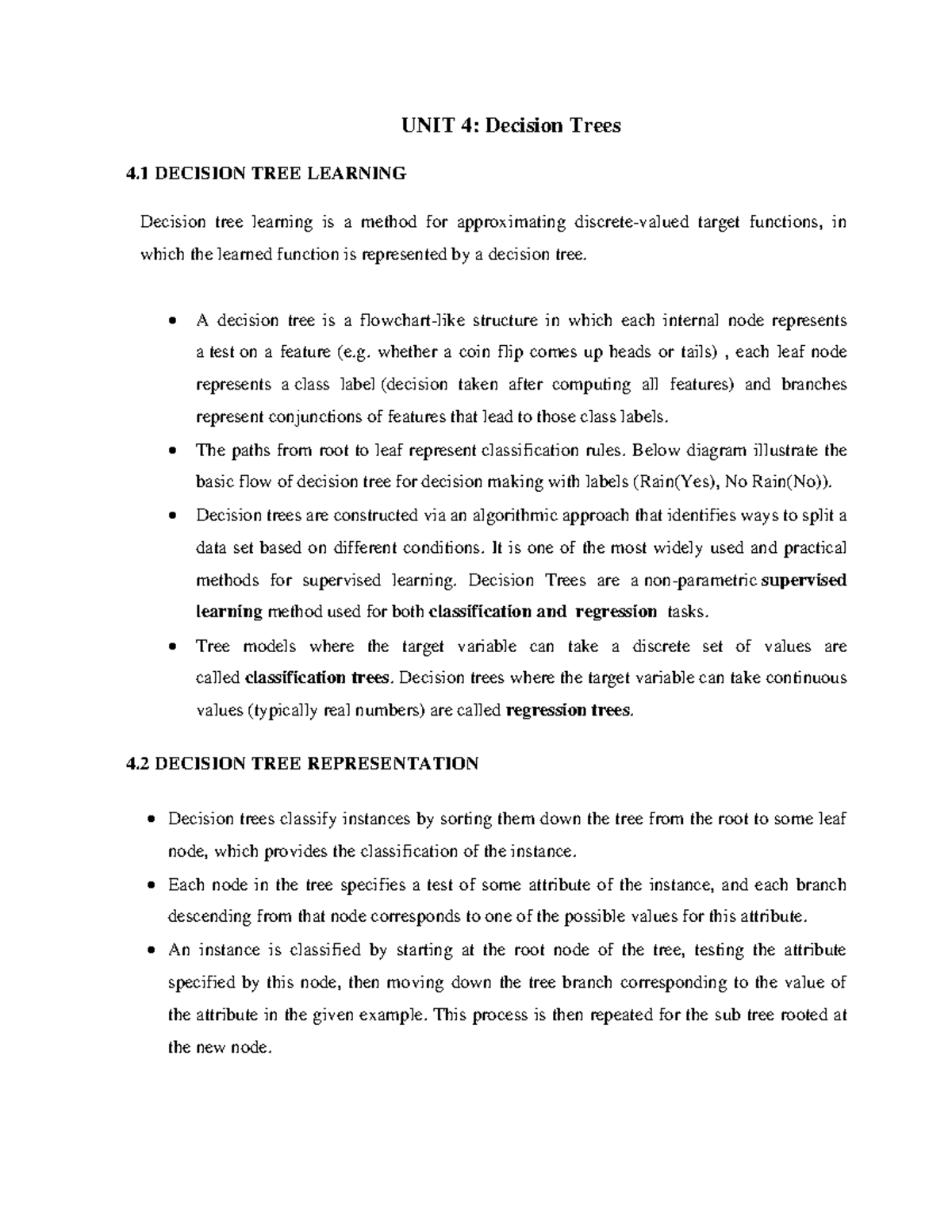 Ml Unit 4 Material Unit 4 Decision Trees 4 1 Decision Tree Learning Decision Tree Learning