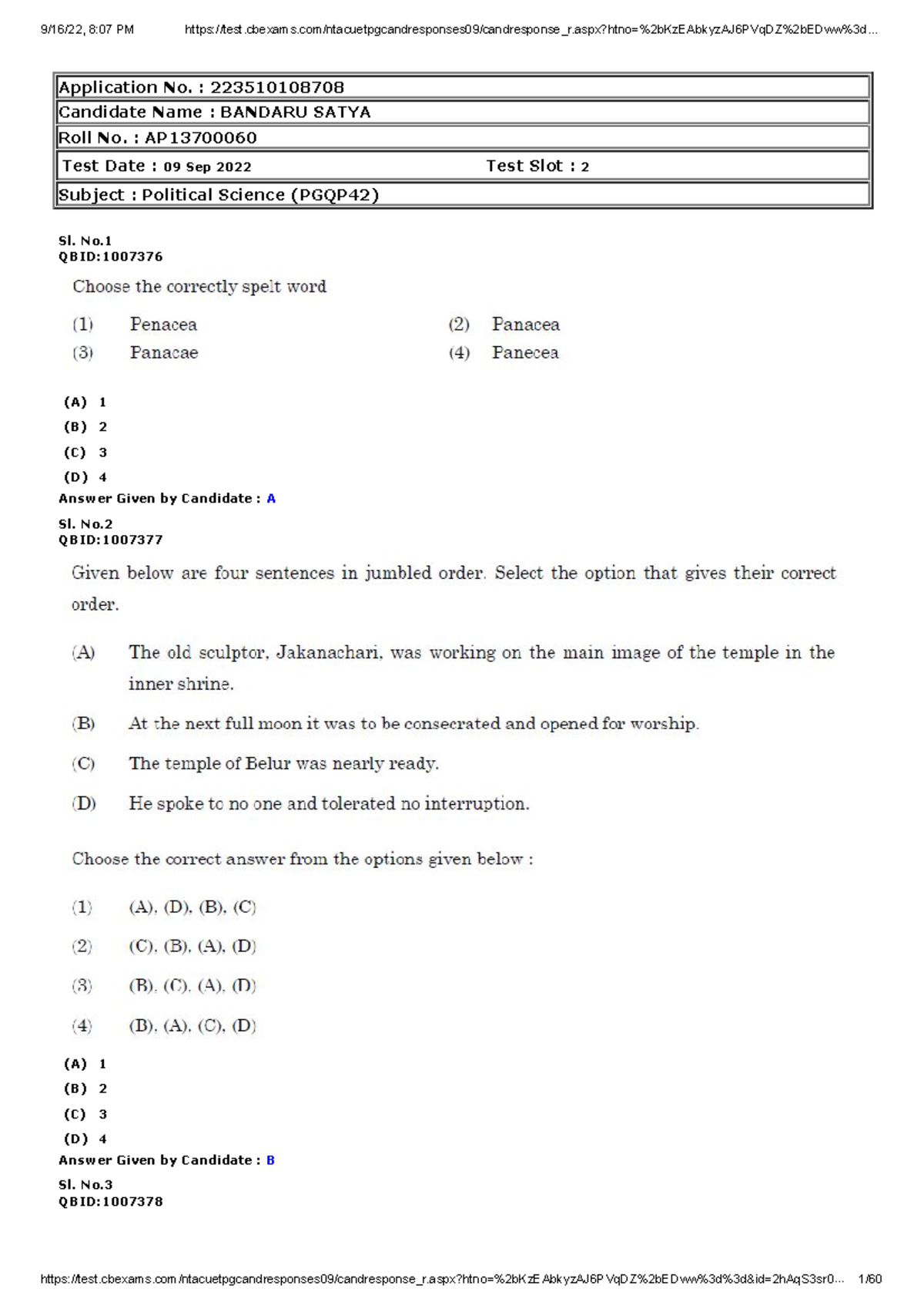 CUET 2022 Paper - Candidate Name : BANDARU SATYA Application No. : Roll ...