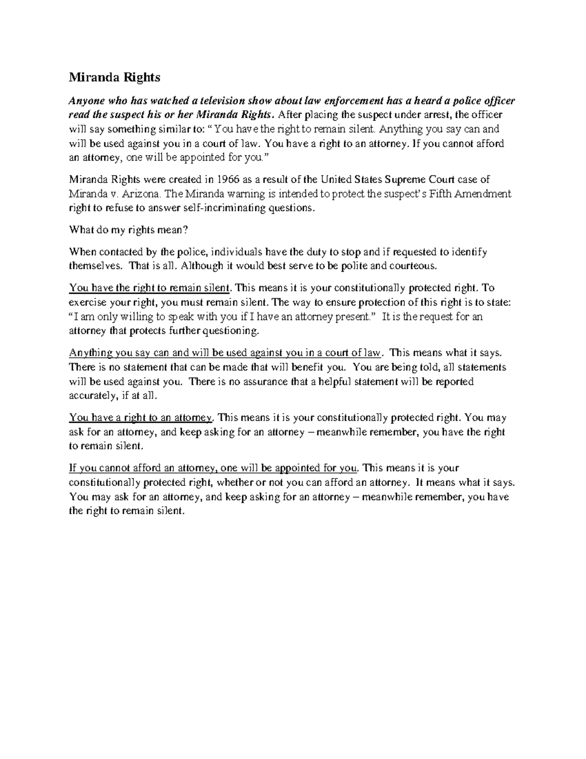 Miranda Rights - Summary Law Of Persons - Miranda Rights Anyone who has ...