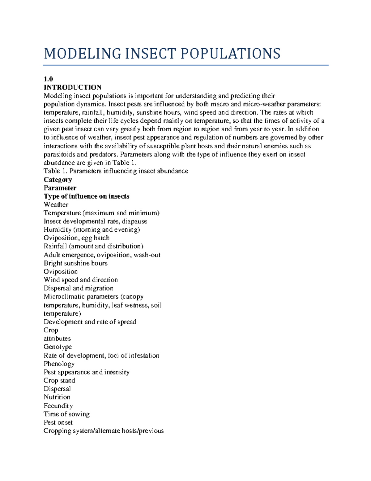 Modeling Insect Populations - MODELING INSECT POPULATIONS 1 ...