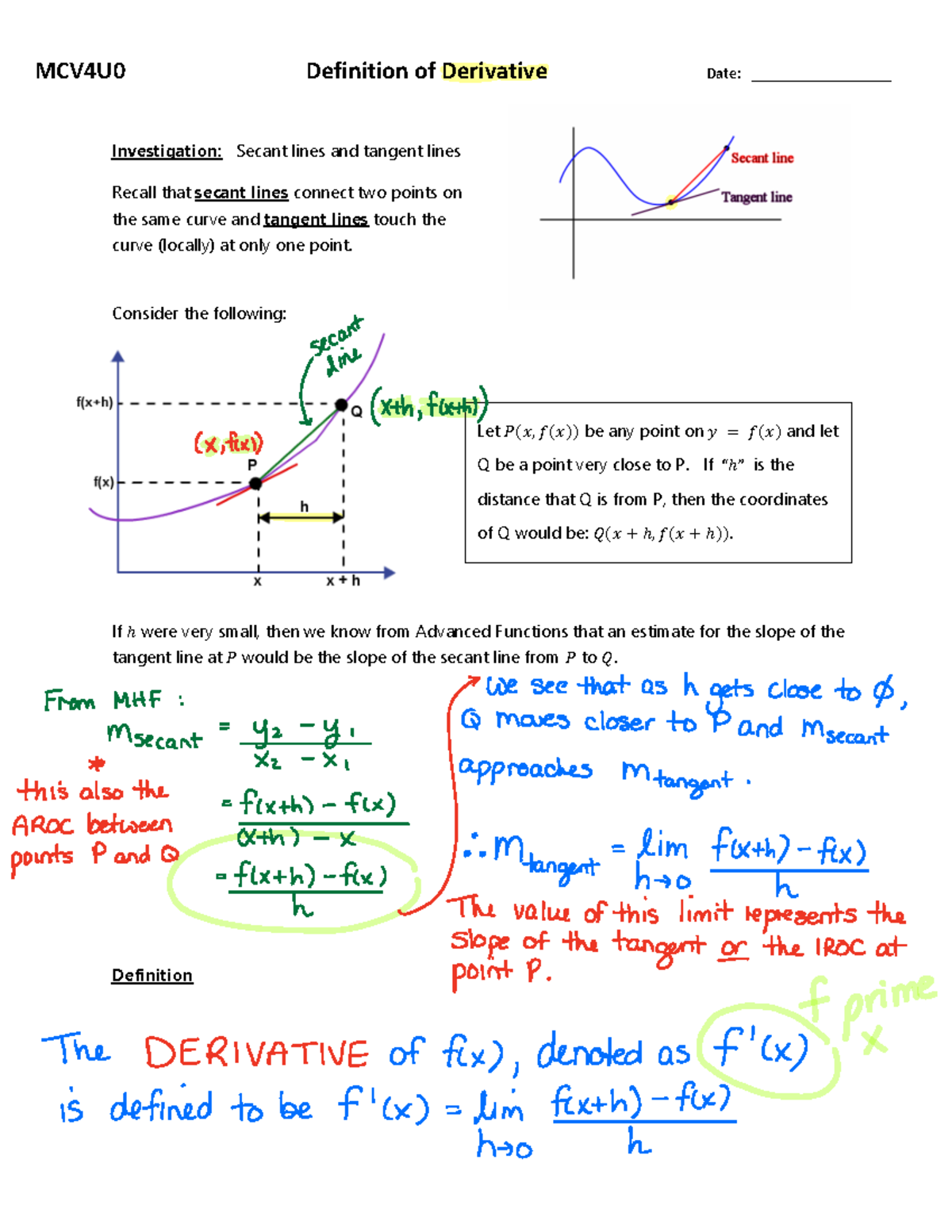 4.6 Definition of Derivative Lesson Solutions - MCV4U0 Definition of ...
