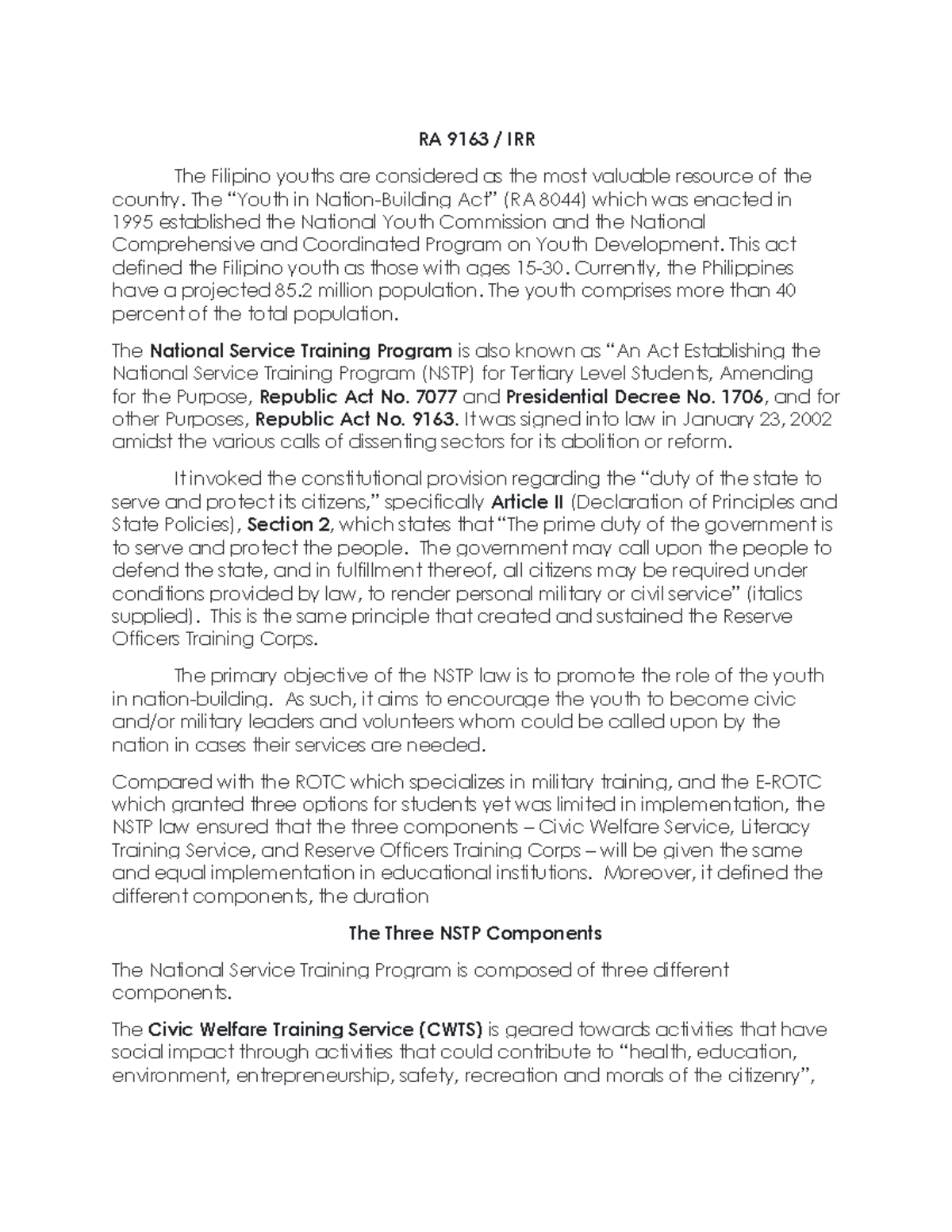 Acquire New Knowledge 1 - RA 9163 / IRR The Filipino youths are ...