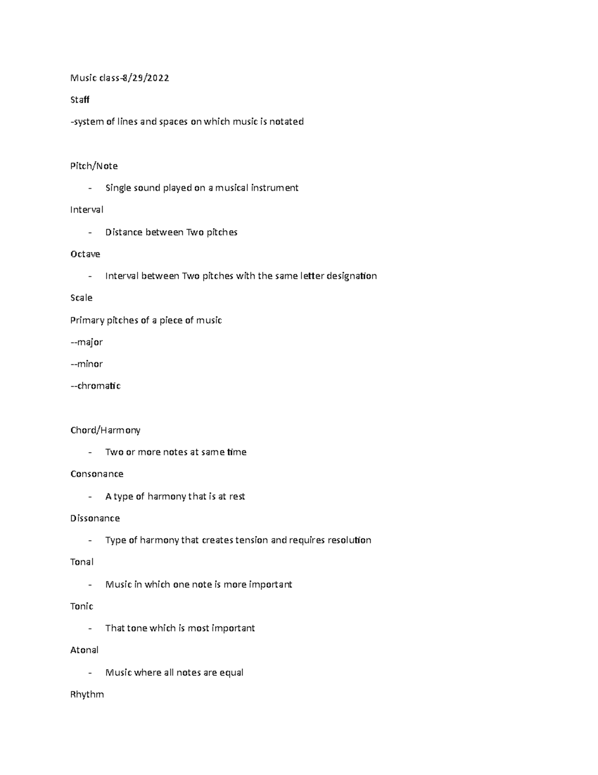 Music class notes - Music class-8/29/ Staf -system of lines and spaces ...