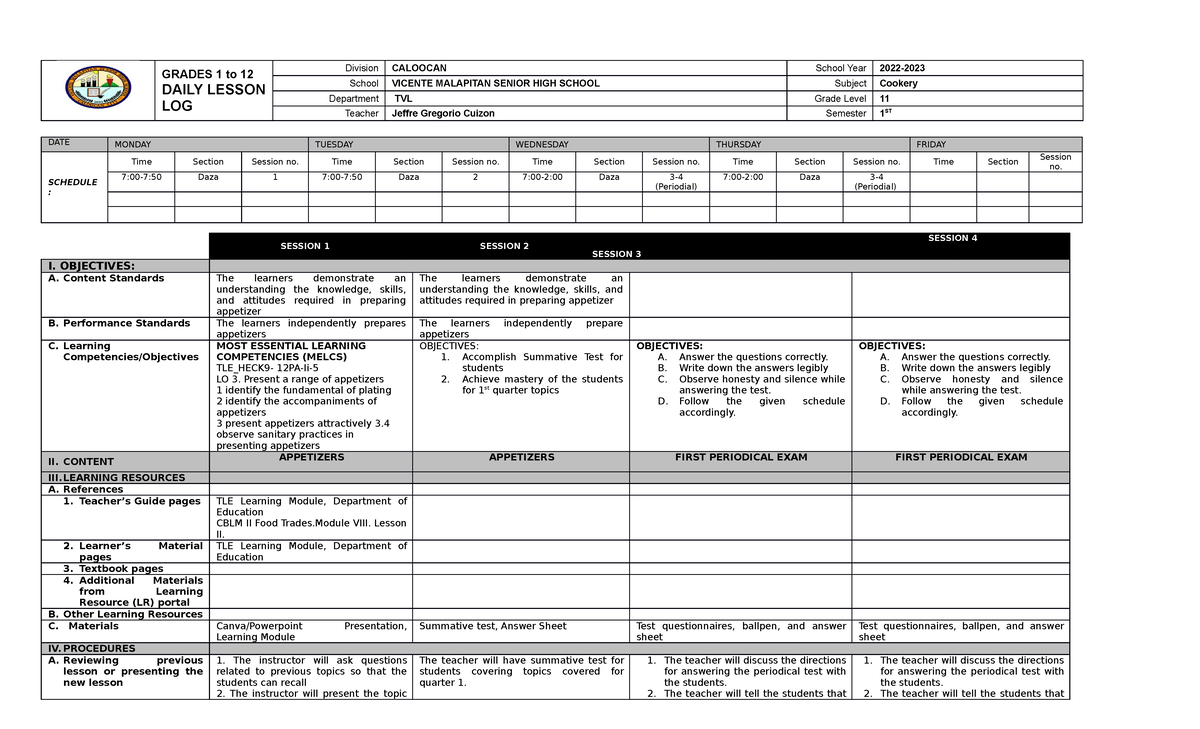 DLL Cookery OCT 24-28 - DLL - GRADES 1 to 12 DAILY LESSON LOG Division ...