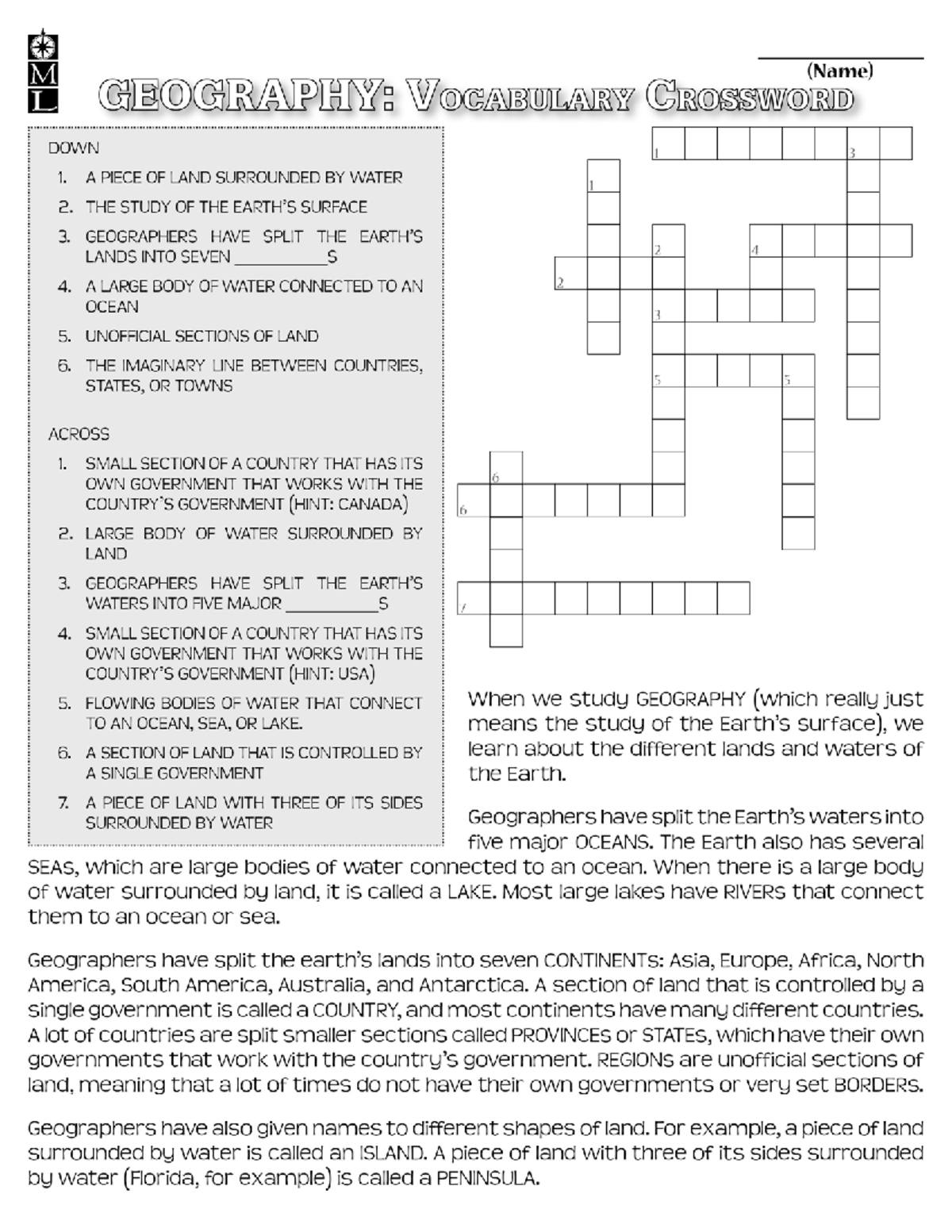 Geography Vocab Crossword - M (Name) GEOGRAPHY: VOCABULARY CROSSWORD ...