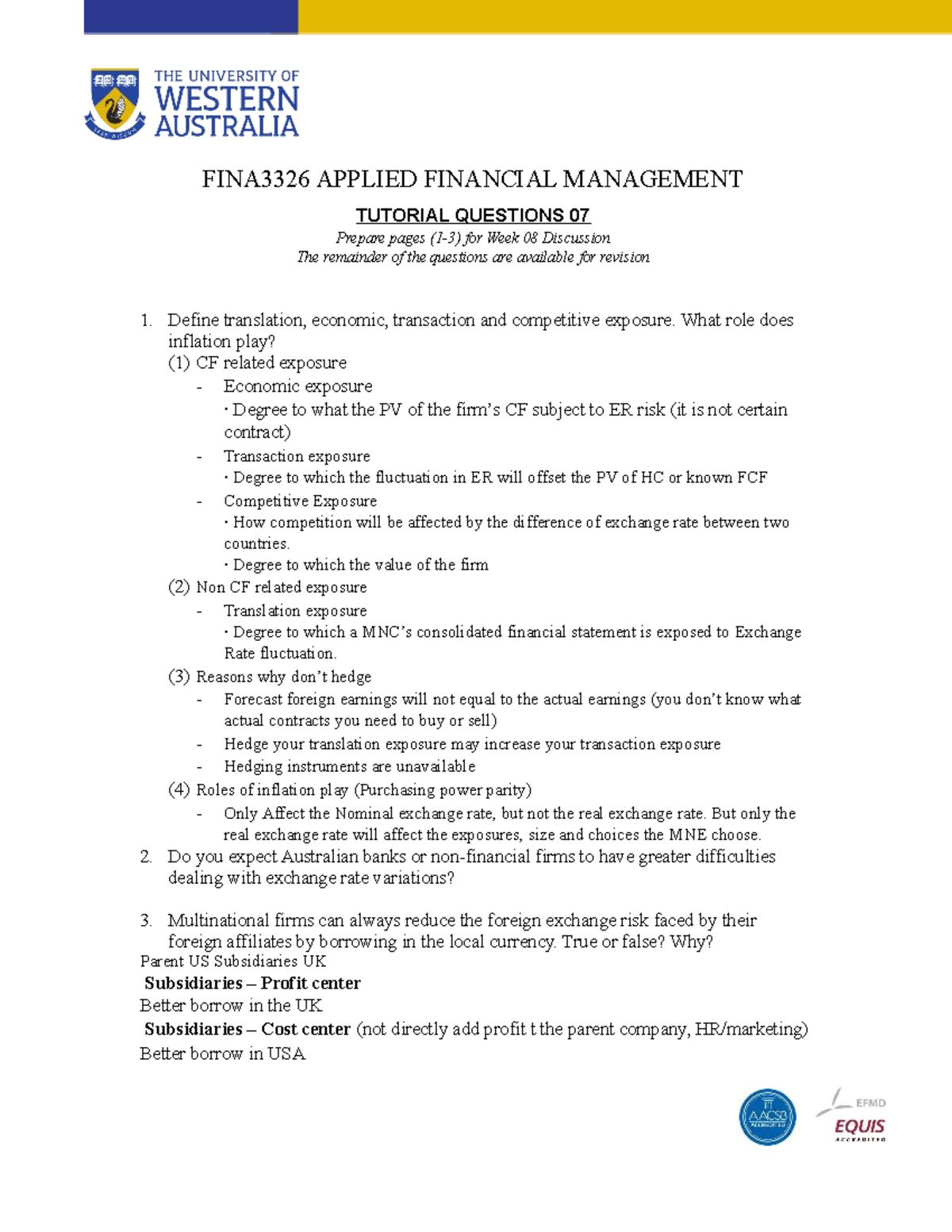 Tutorial Questions 07 2023 - FINA3326 APPLIED FINANCIAL MANAGEMENT ...