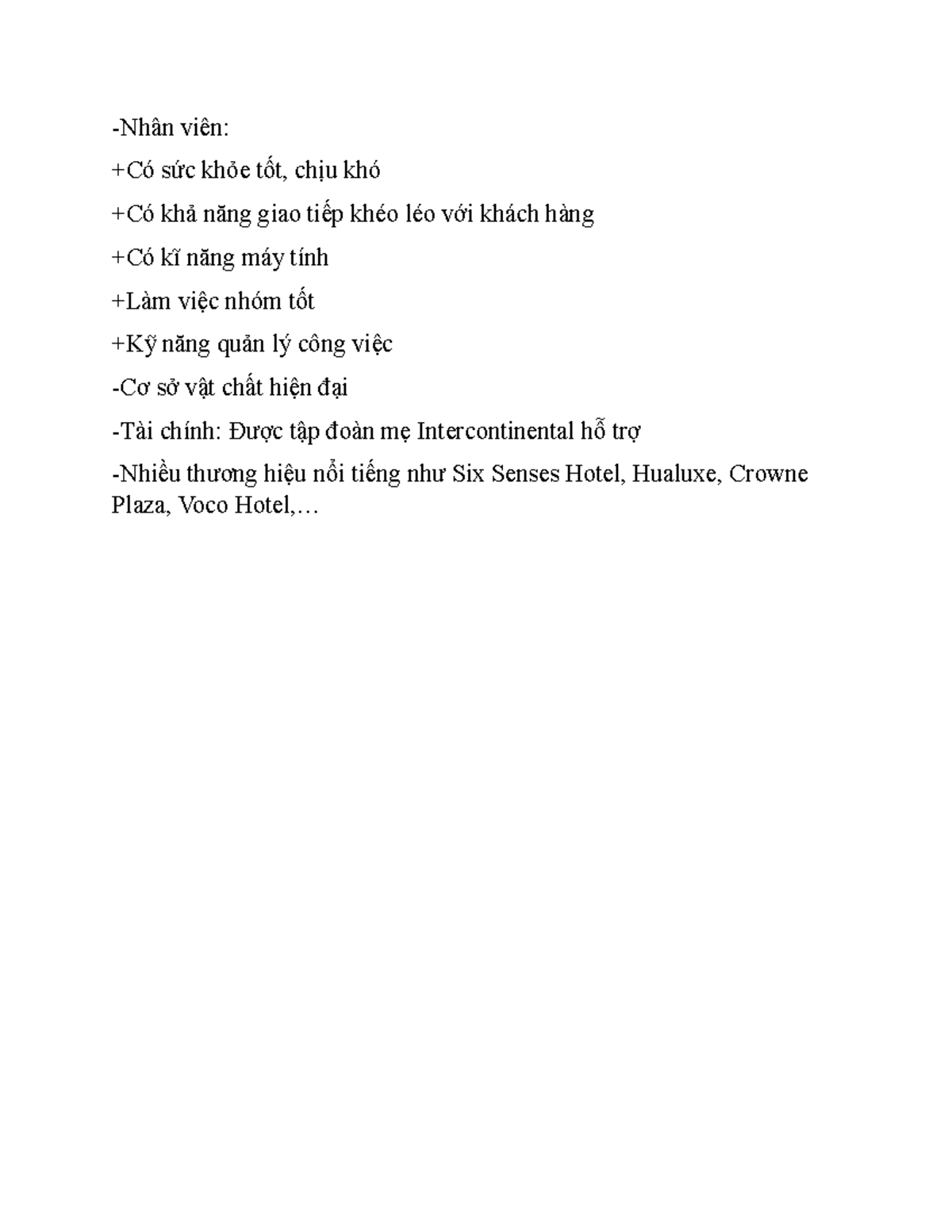 Intercontinental - None - 1234565 -Nhân viên: +Có sức khỏe tốt, chịu ...