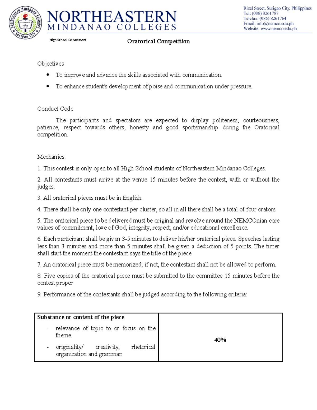 Oration Mechanics - NONE - High School Department Oratorical ...