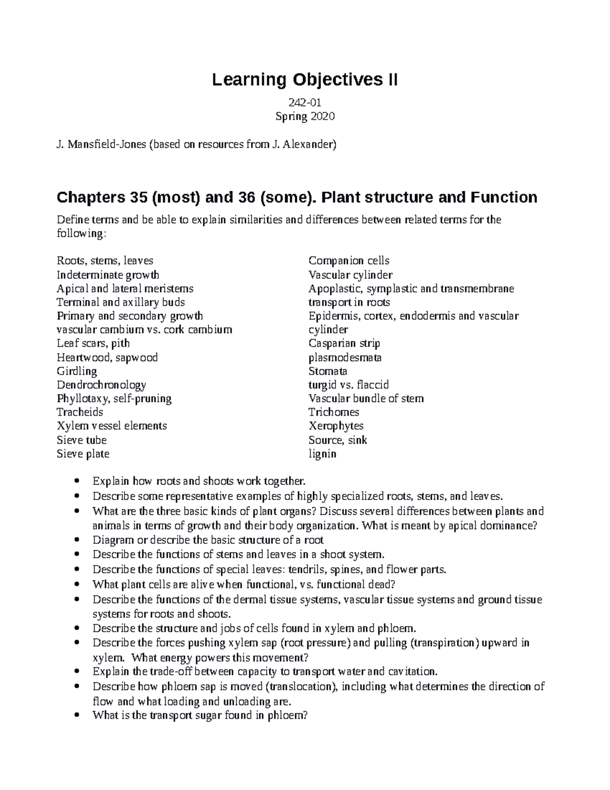 Exam 2 learning objectives - Learning Objectives II Spring 2020 J ...