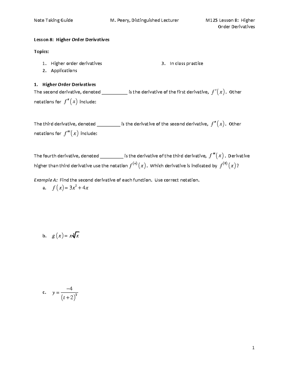 L8 Higher Order Derivatives - Order Derivatives Lesson 8: Higher Order ...