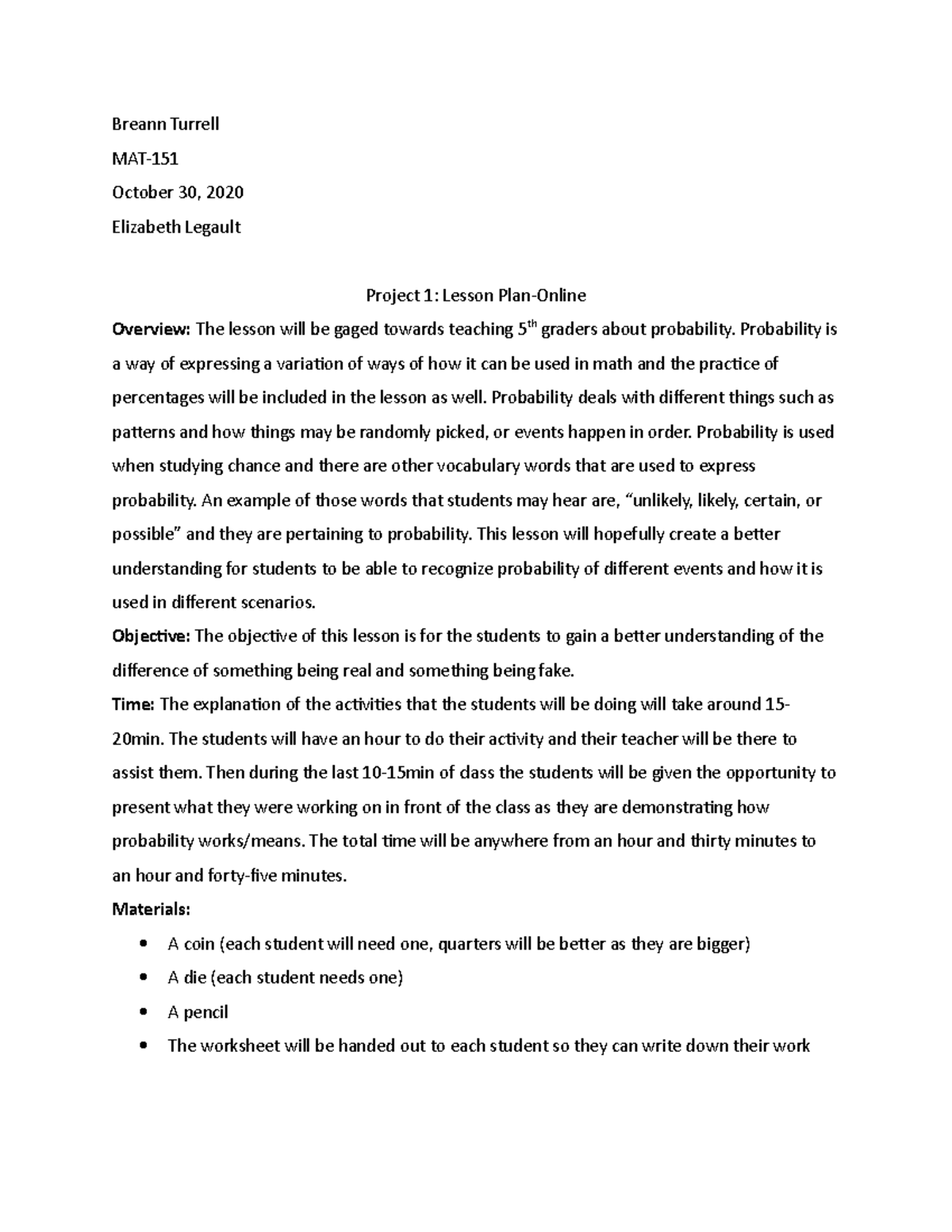 Project 1 - Online Lesson Plan - Breann Turrell October 30, 2020 ...