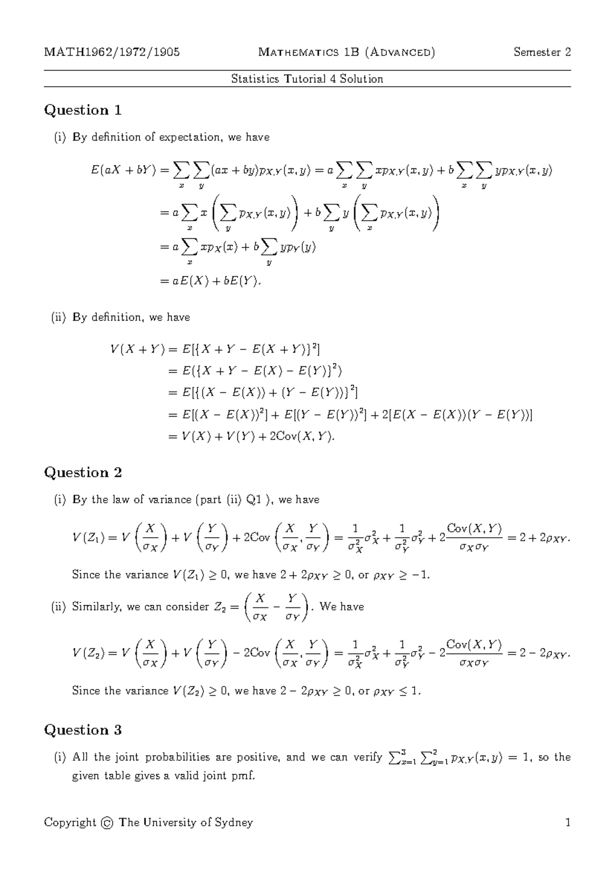 T5s - Week 5 tut stats sol - MATH1962/1972/1905 Mathematics 1B ...
