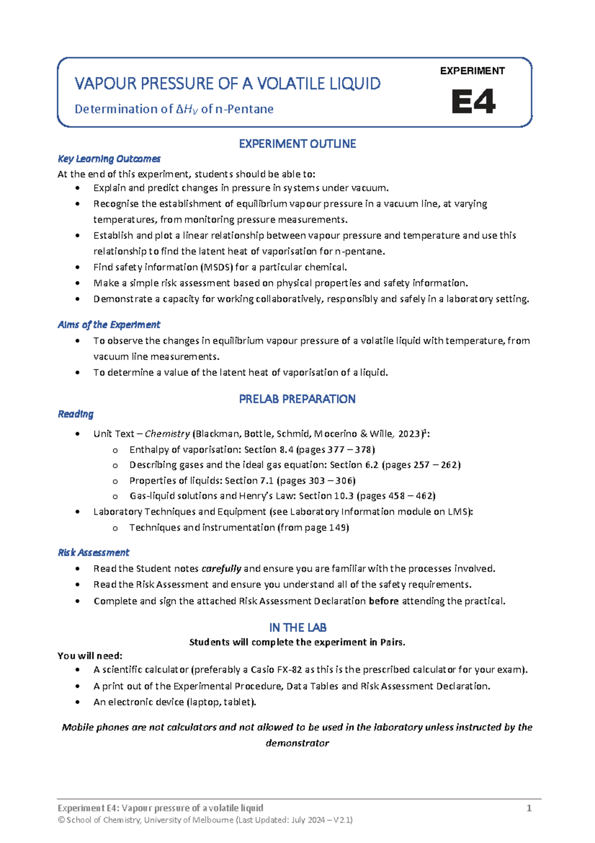 Experiment E4 Student notes (V2 - Experiment E 4 : Vapour pressure of a ...