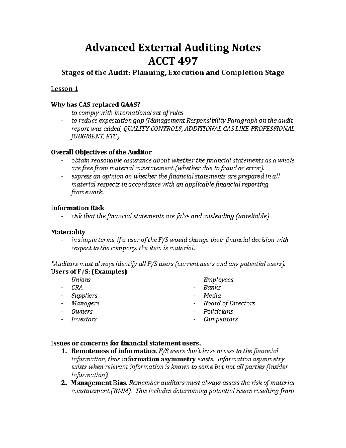 Modules 1-4 ACCT497 - Notes and Solutions Adv External Auditing ...