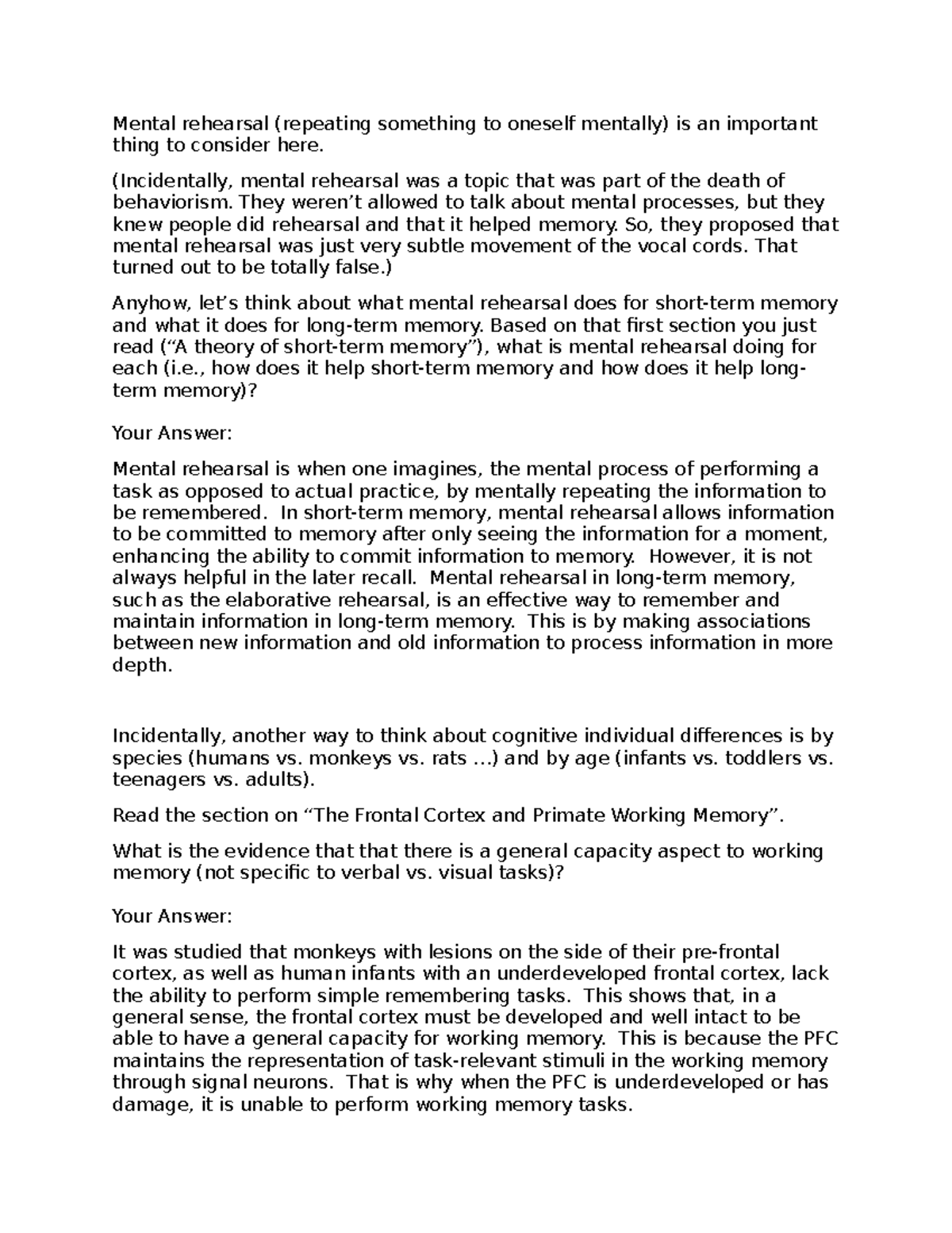 Working memory - these are some example questions from the perception ...