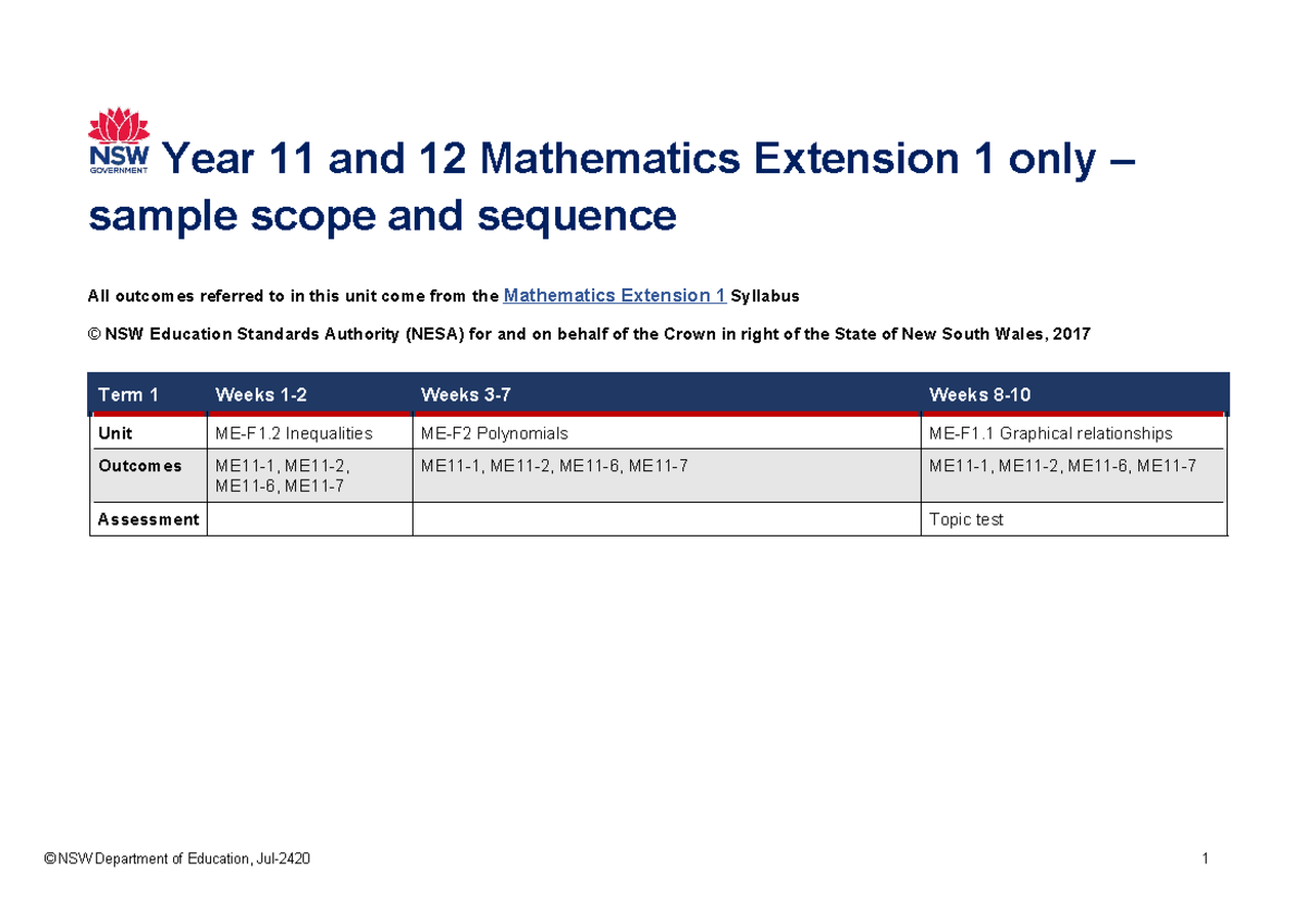 Year 11 12 mathematics extension 1 only scope and sequence - Year 11 ...