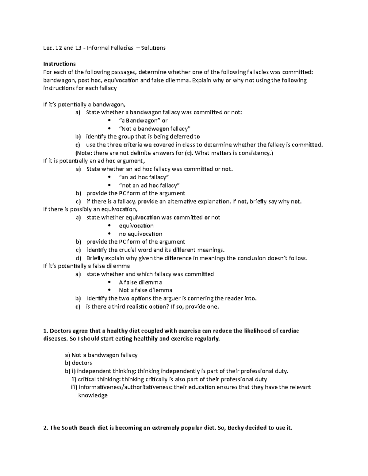 Lec 13 and 14 - Informal Fallacies - Solutions - Lec. 12 and 13 ...