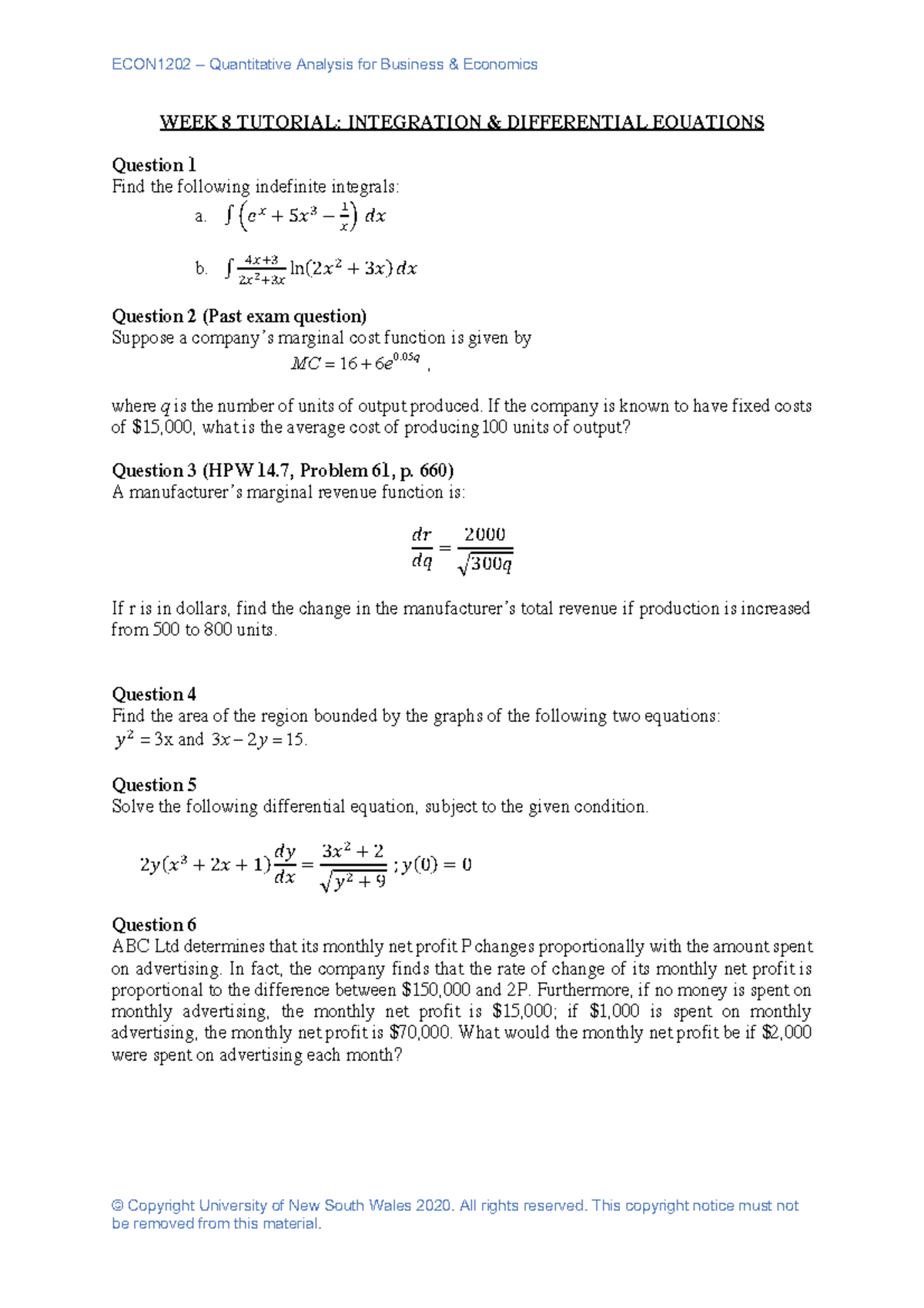 Week 8 Tutorial Questions - ECON1202 – Quantitative Analysis for Business & Economics © - Studocu