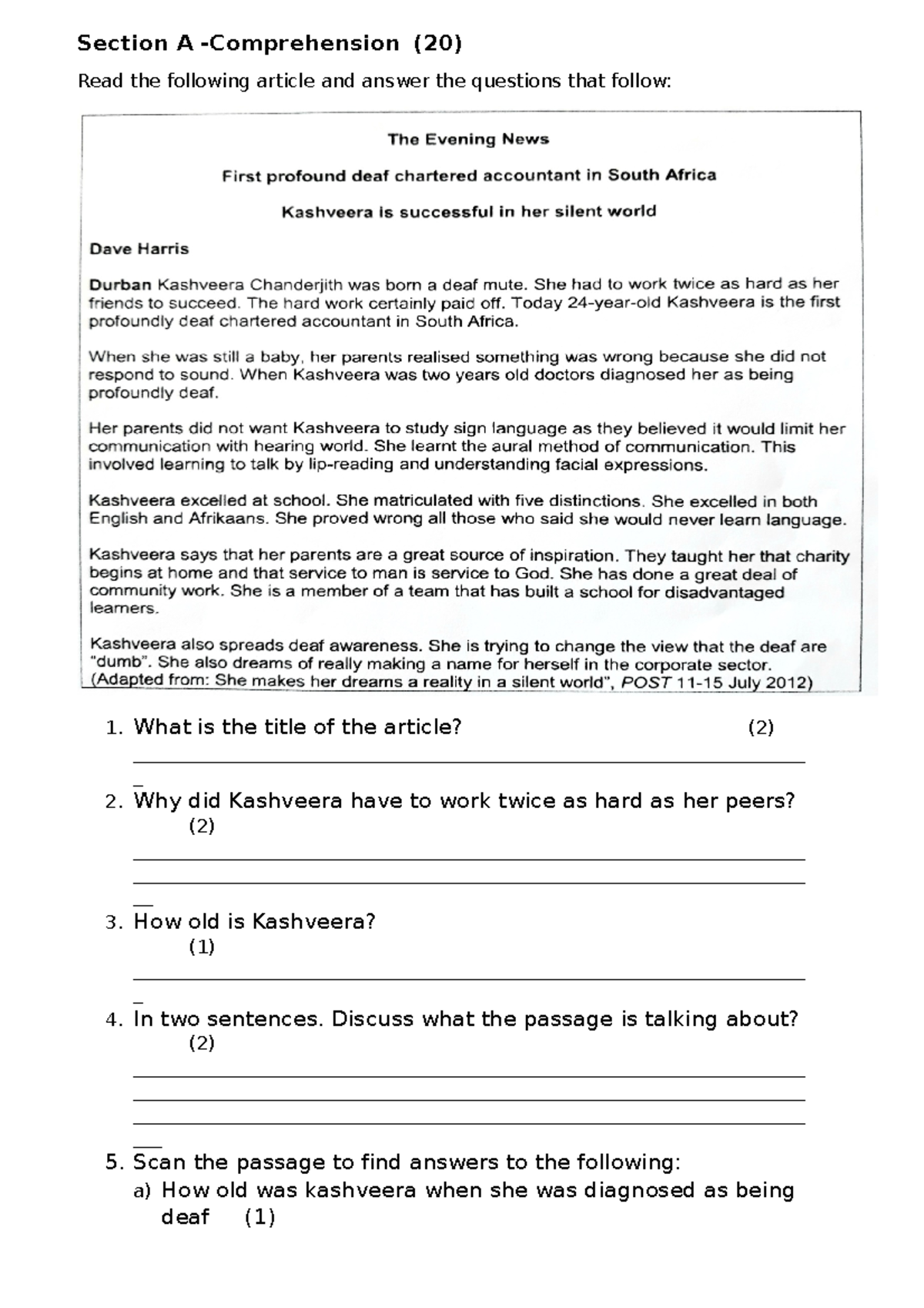 English test T4 - Section A -Comprehension (20) Read the following ...