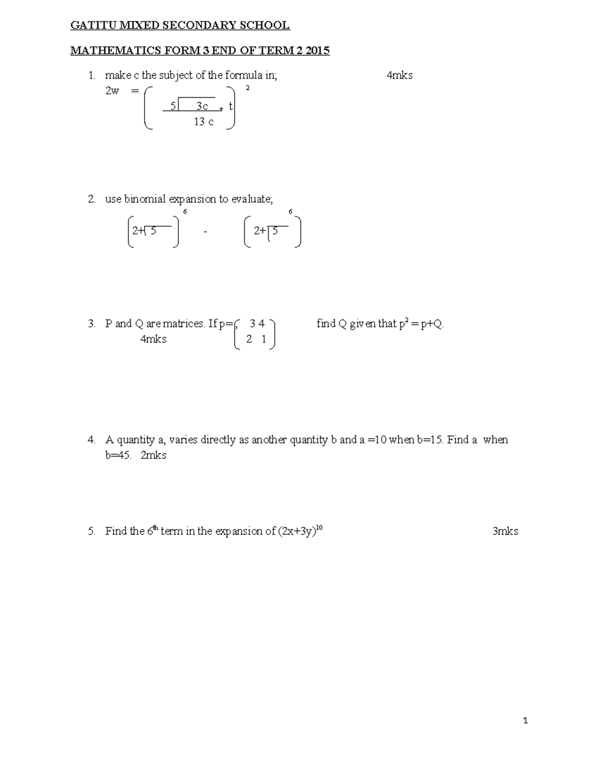09915 maths f3t2 2015 001 - GATITU MIXED SECONDARY SCHOOL MATHEMATICS ...