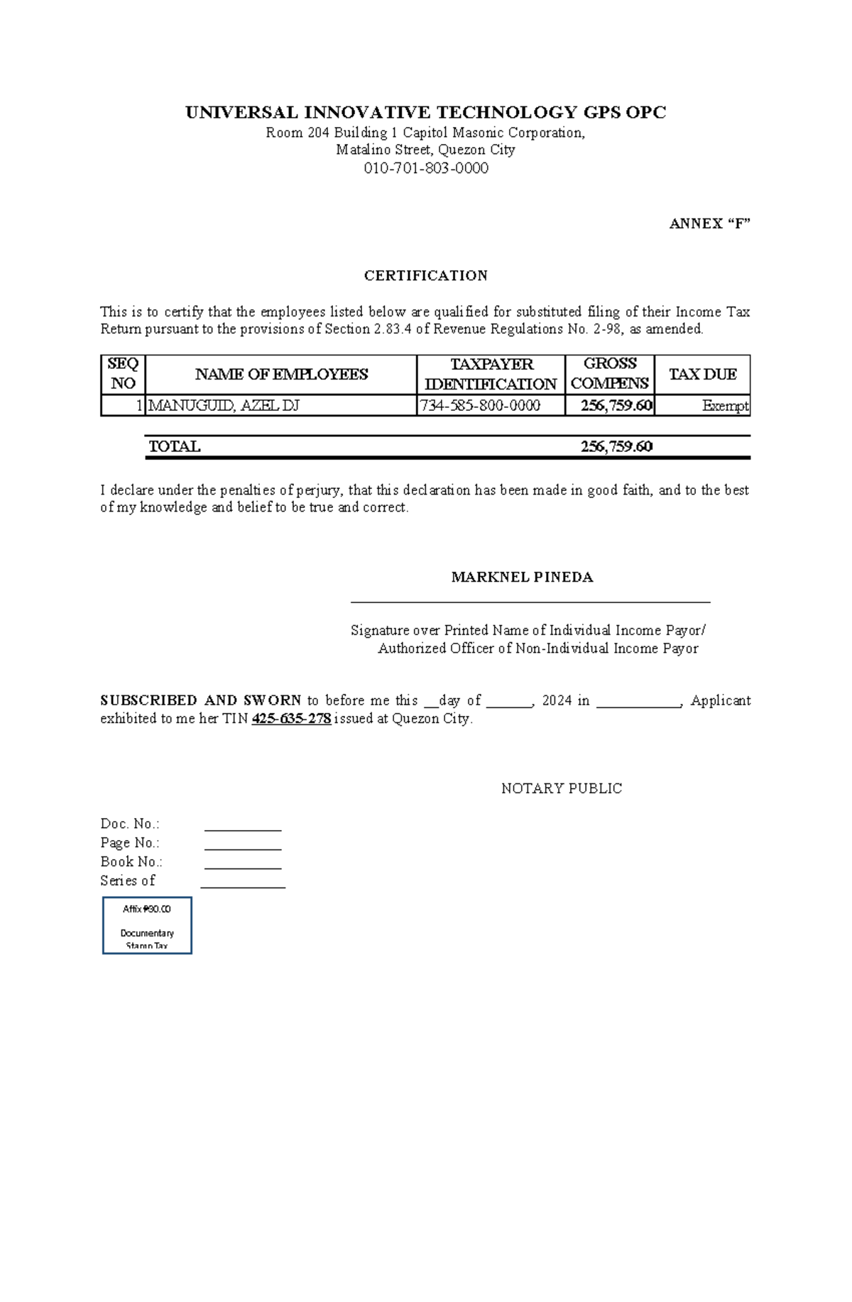 Annex F RR 11-2023 - UNIVERSAL INNOVATIVE TECHNOLOGY GPS OPC Room 204 ...