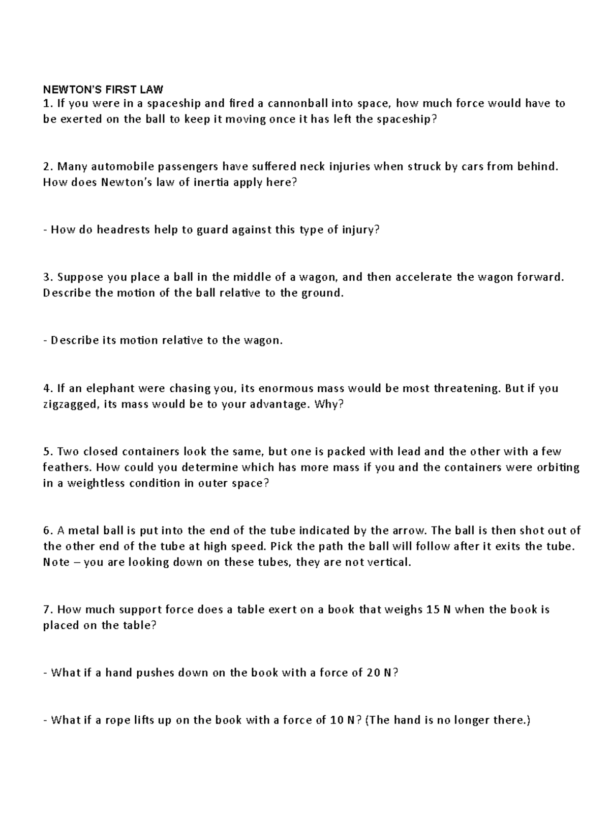 Worksheet-6 Newtons 1st law Conceptual Questions - NEWTON’S FIRST LAW 1 ...