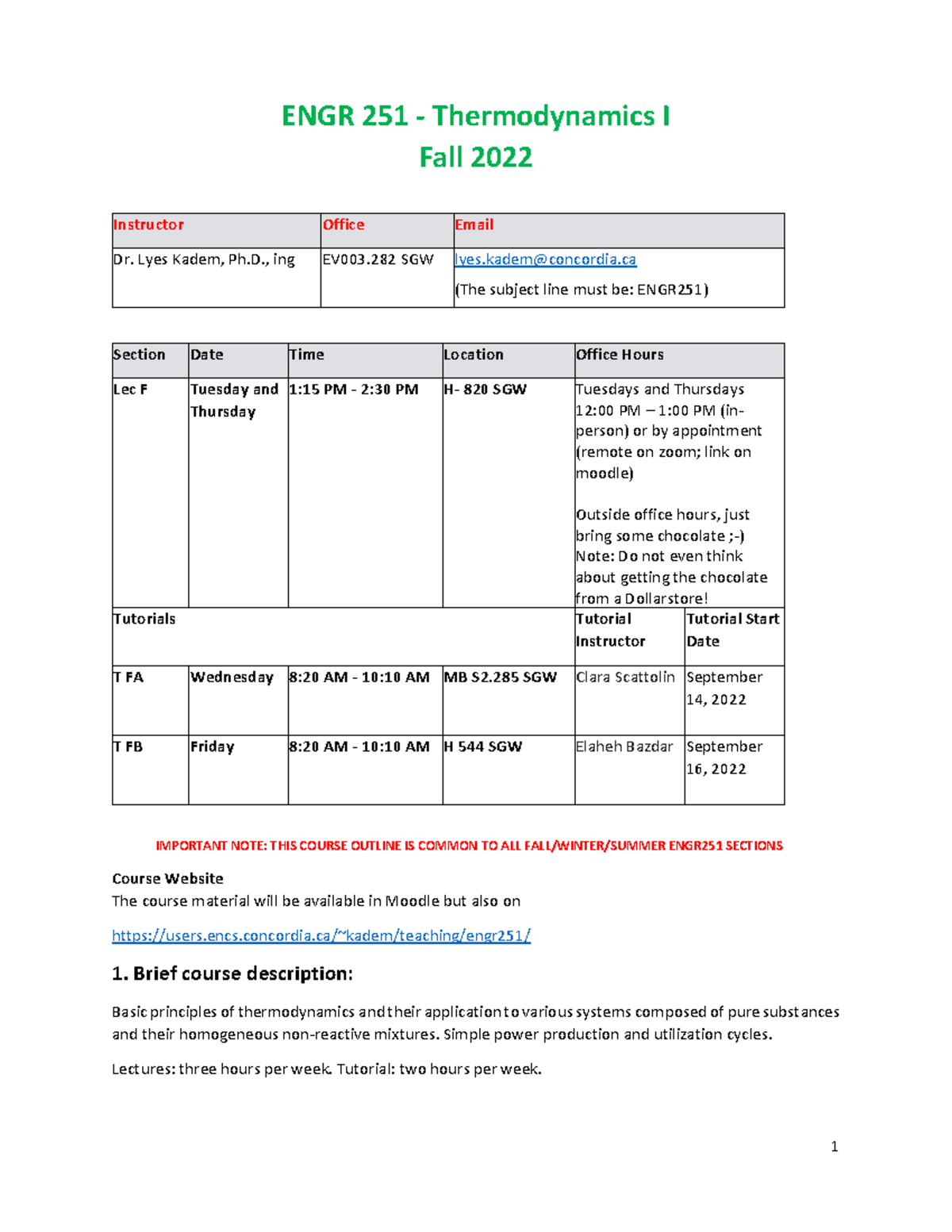 Outline - ENGR 251 - Thermodynamics I Fall 2022 Instructor Office Email ...