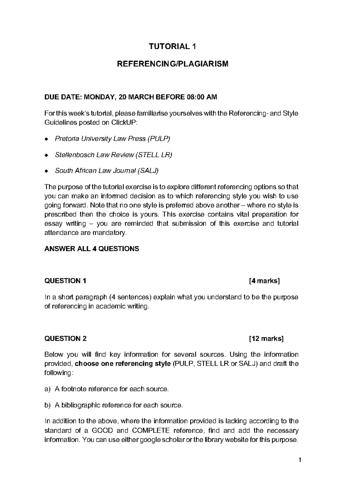 JUR 310 Tutorial 1 Assignment - TUTORIAL 1 REFERENCING/PLAGIARISM DUE ...