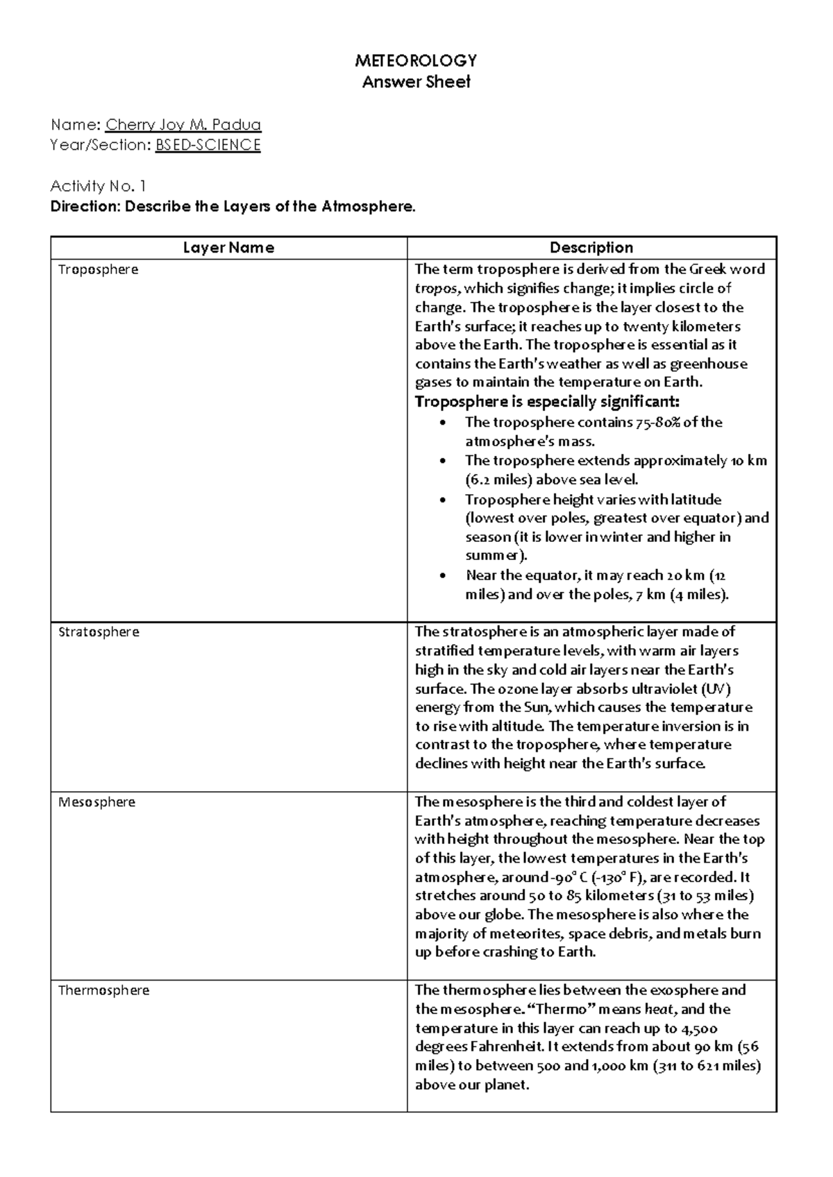 Layer Atmosphere - LECTURE - METEOROLOGY Answer Sheet Name: Cherry Joy ...