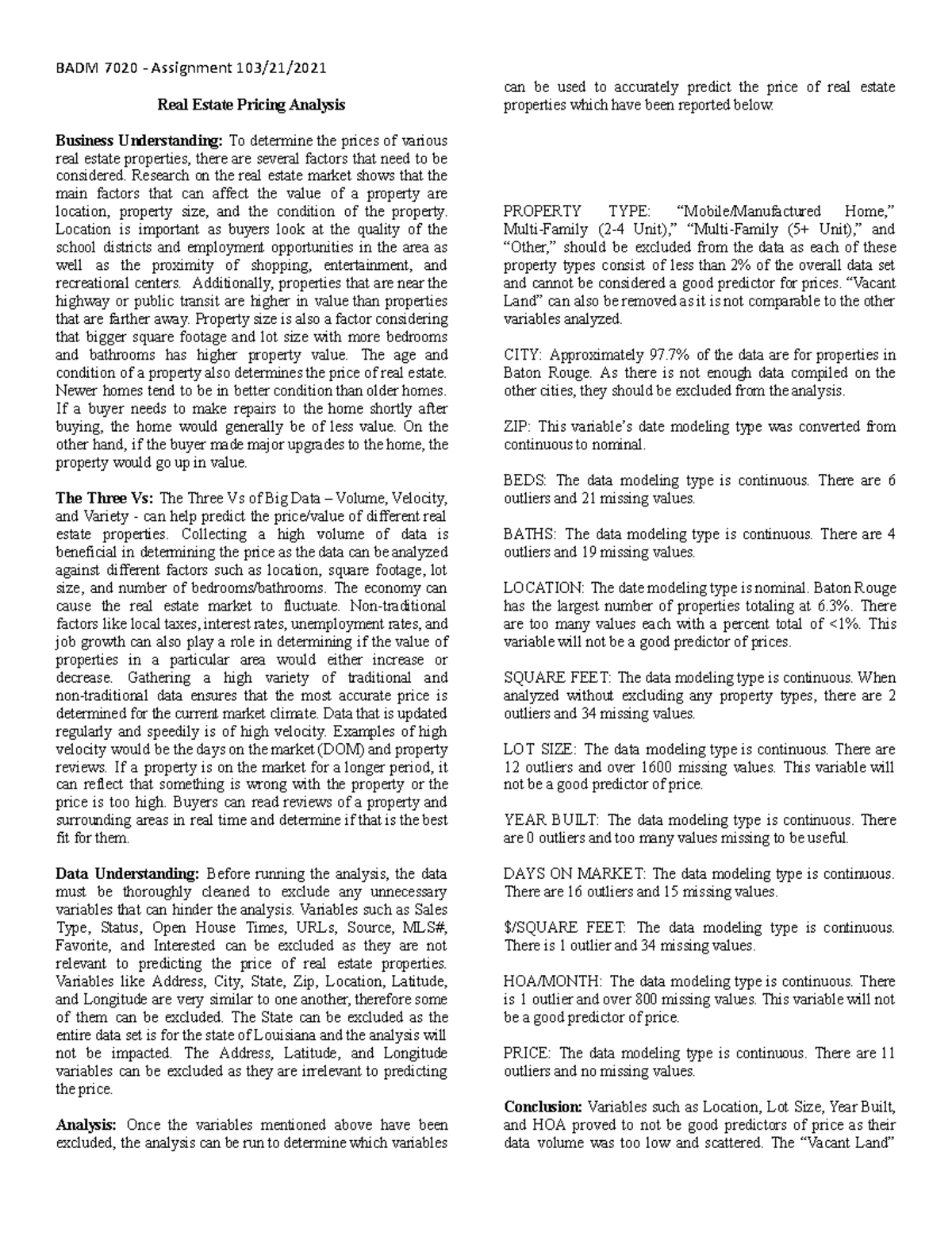 BADM 7020 Assignment 1 Real Estate Pricing Analysis - BADM 7020 ...
