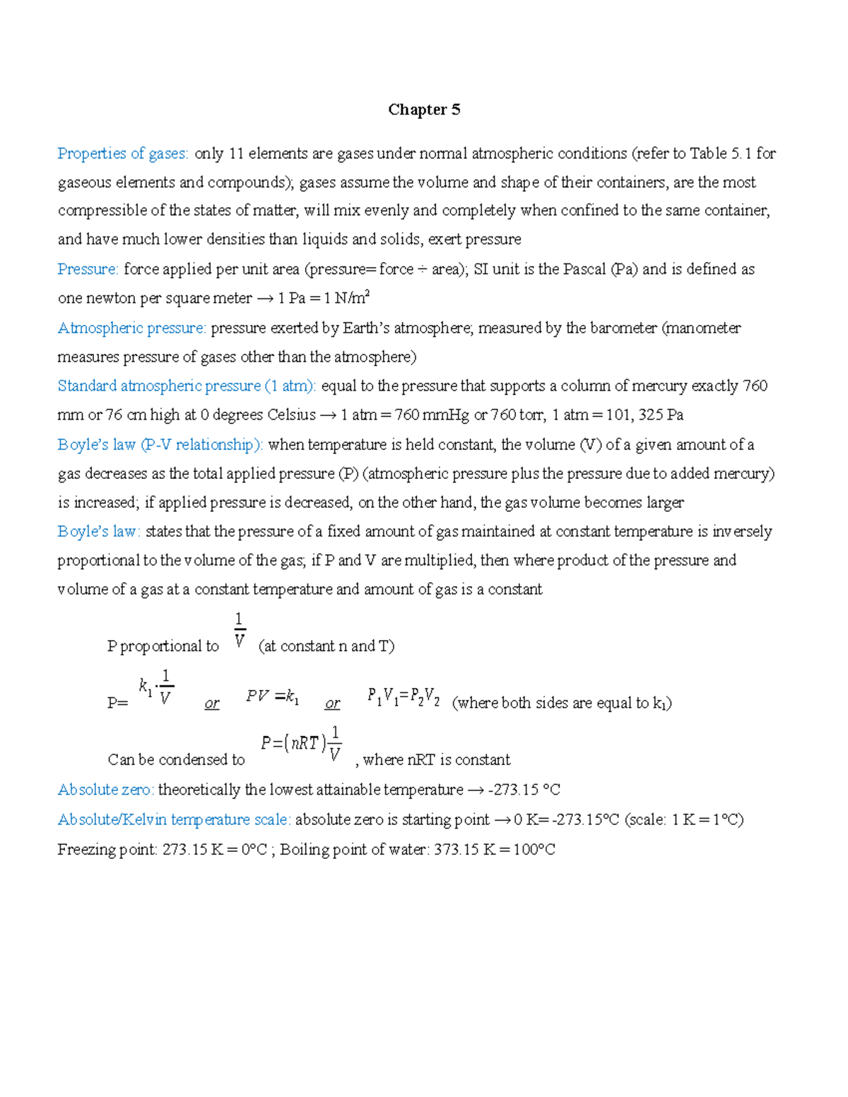 CHM 101 Ch 5 Properties of Gases - Chapter 5 Properties of gases: only ...