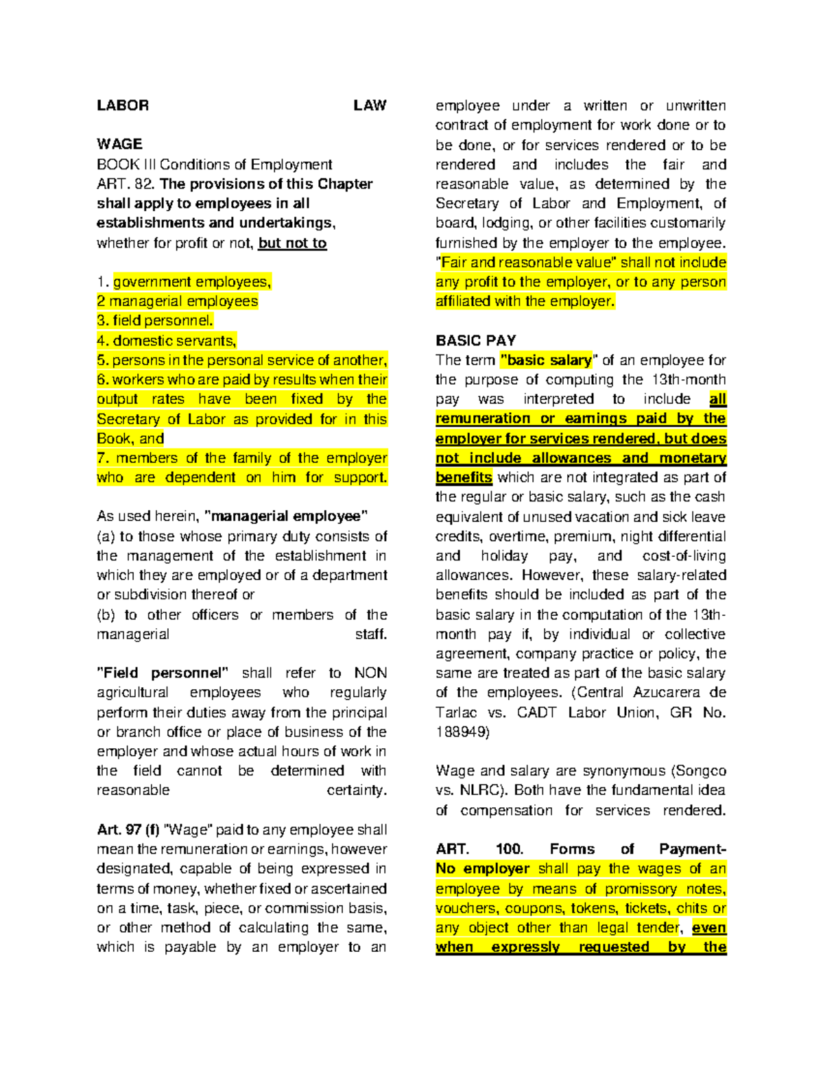 Labor LAW - LABOR LAW WAGE BOOK III Conditions of Employment ART. 82 ...