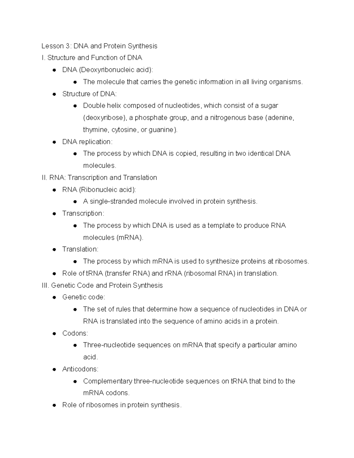 Middle school bio 7 - Google Docs - Lesson 3: DNA and Protein Synthesis ...