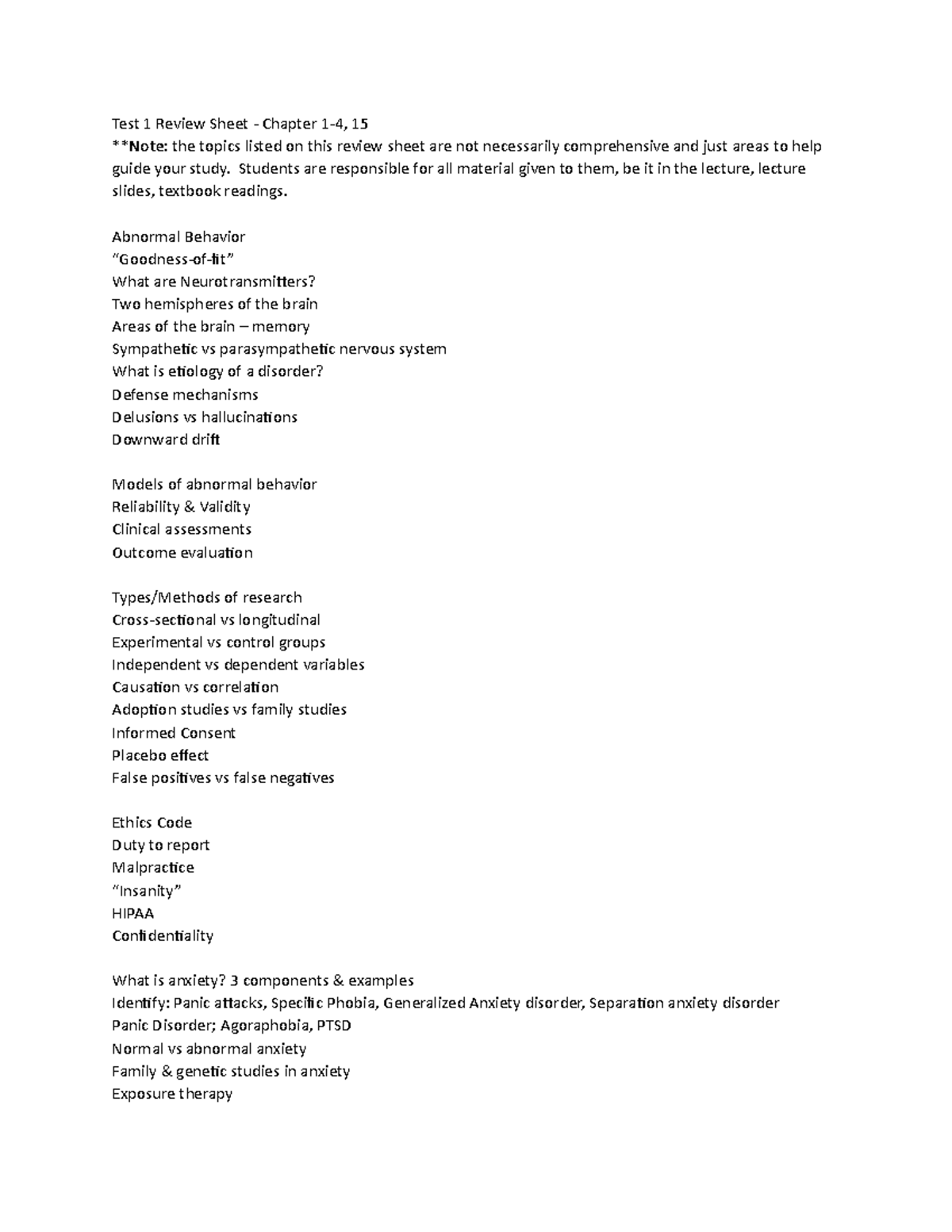 Test #1 Review Sheet - Test 1 Review Sheet - Chapter 1-4, 15 **Note ...