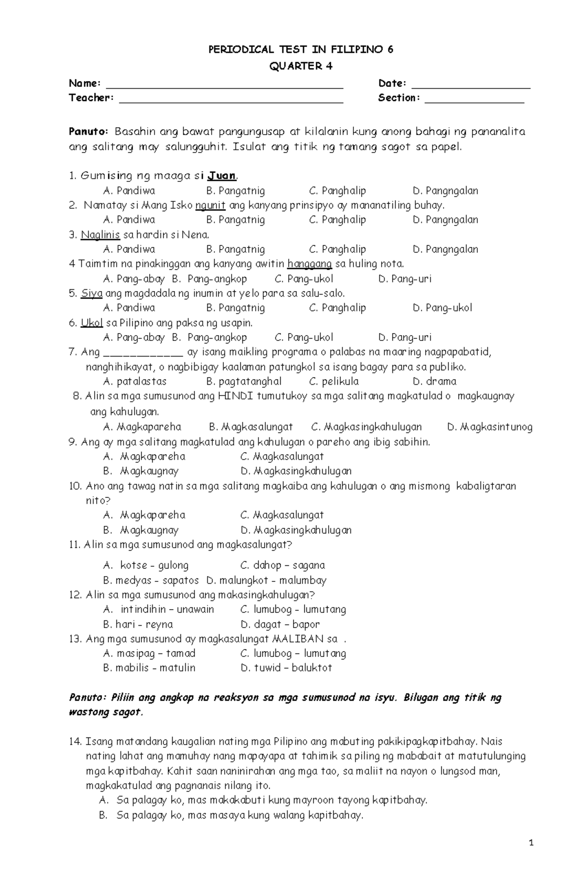 FIL-6 - plain - PERIODICAL TEST IN FILIPINO 6 QUARTER 4 Name