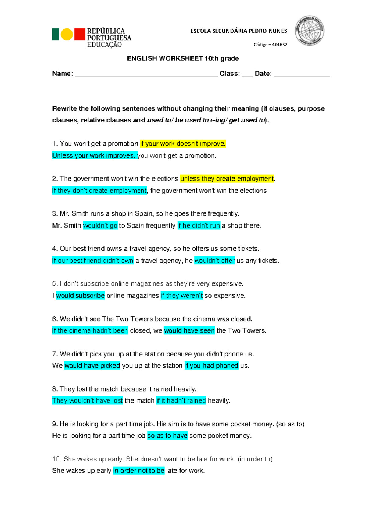 Ficha 10º prep test March key - ENGLISH WORKSHEET 10th grade Name ...