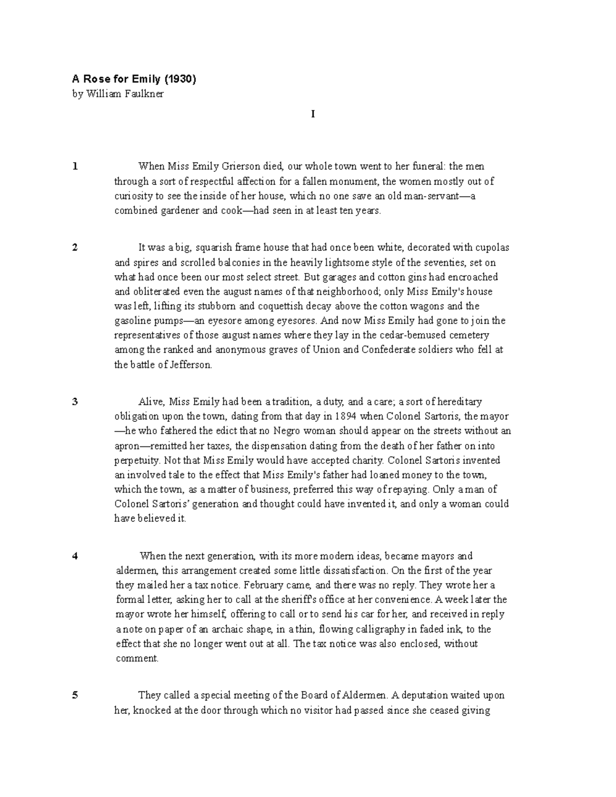 Rose - Ideas and notes from class - A Rose for Emily (1930) by William ...