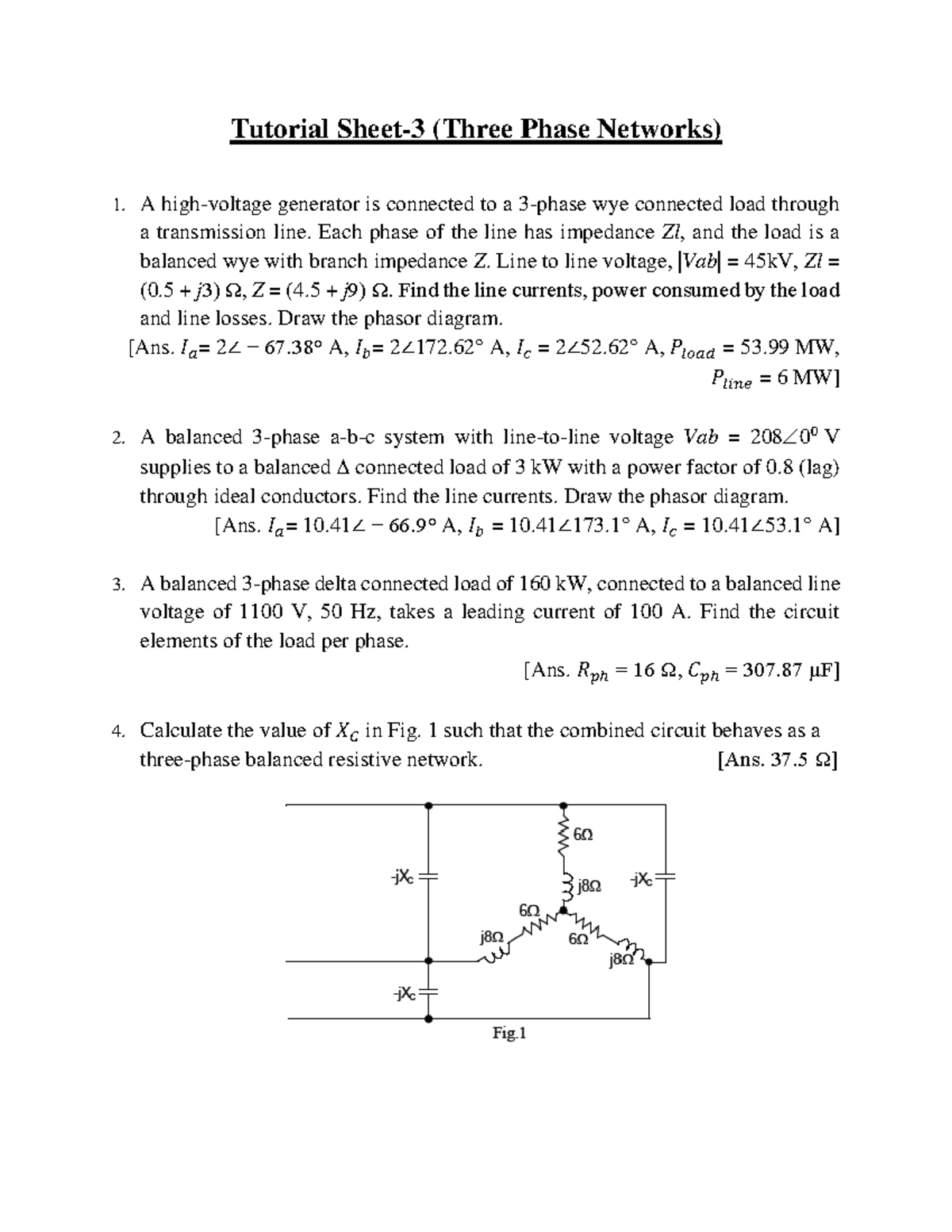 ET Tutorial Sheet 3 autumn 23-24 - Tutorial Sheet-3 (Three Phase ...