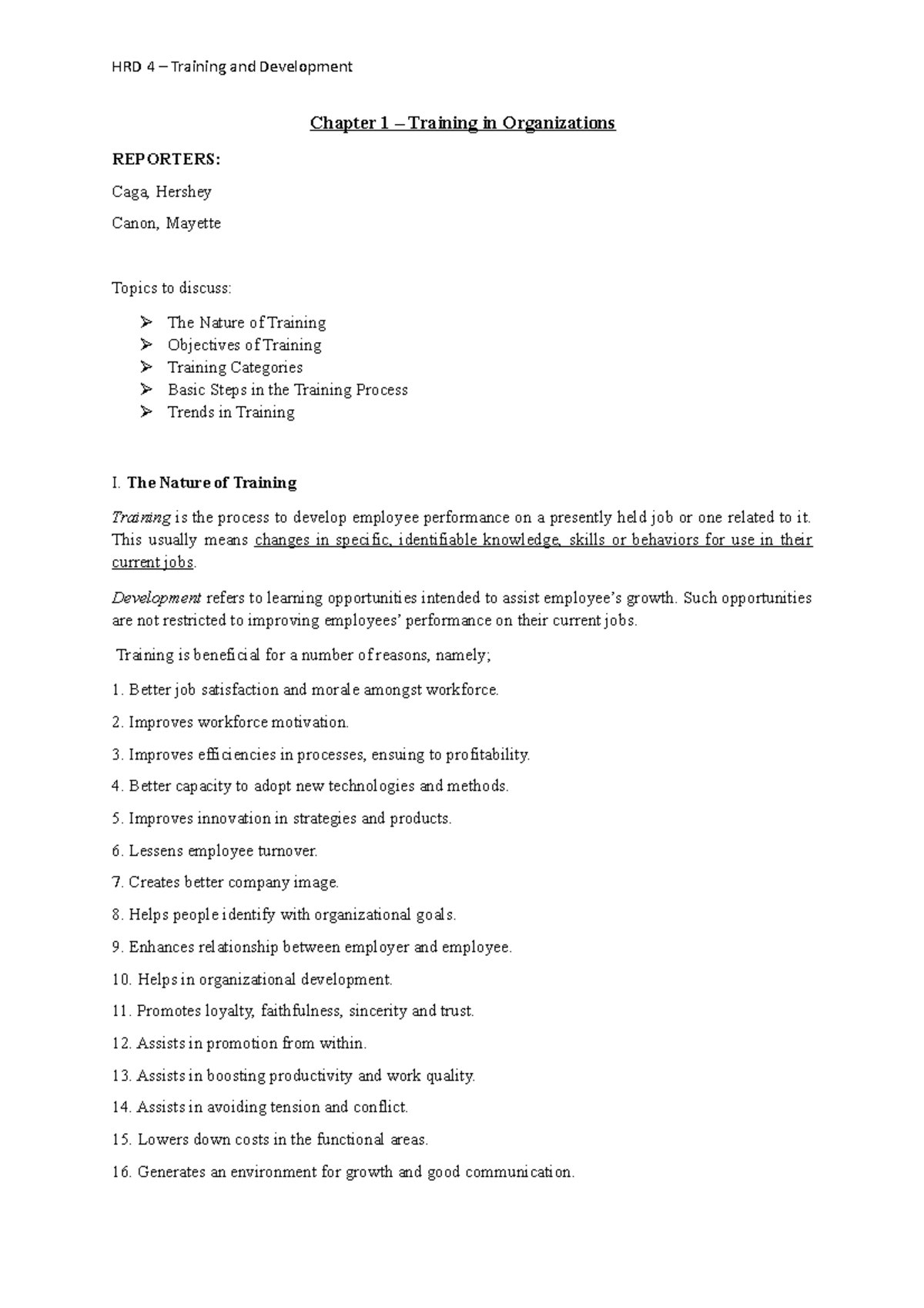 HRD 4 Chapter 1 - Chapter 1 – Training in Organizations REPORTERS: Caga, Hershey Canon, Mayette ...