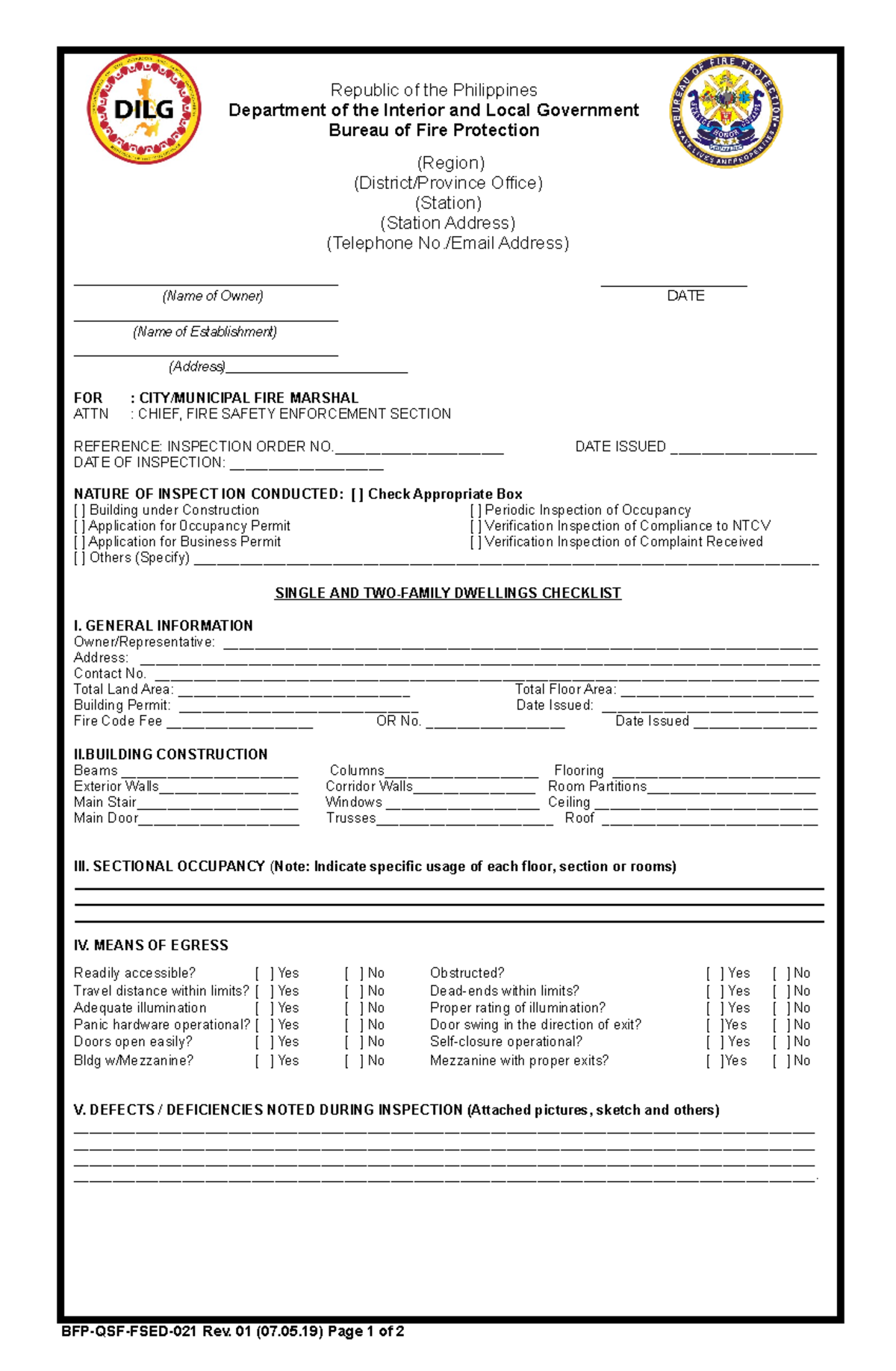 FSED 021 Checklist for Single and Two Family Dwellings REV 1 - Republic ...