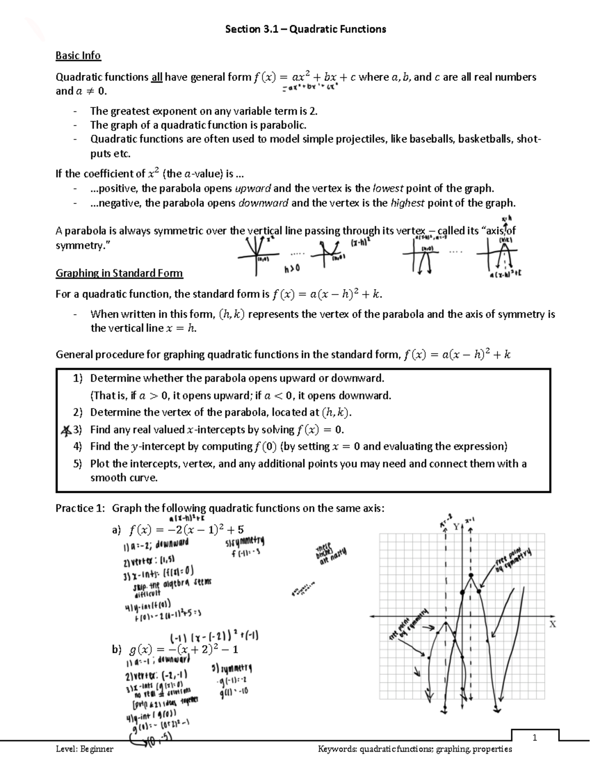 3.1 - Quadratic Functions - Section 3 – Quadratic Functions 1 Level ...