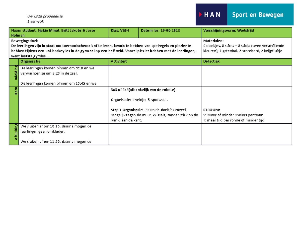 Uni Hockey LVF 19-06 - 1 kernvak Naam student: Sjakie Minet, Britt ...