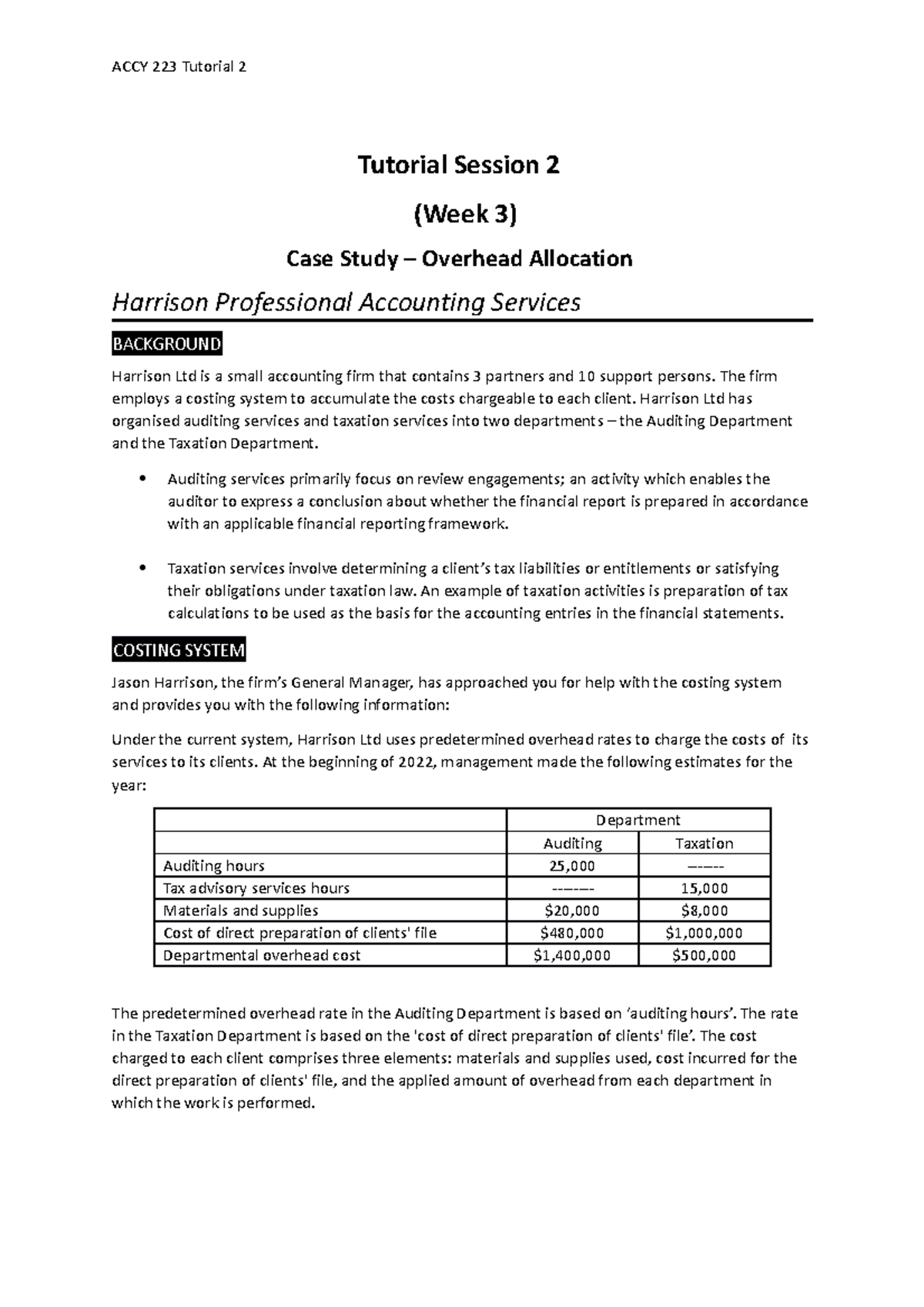 Tutorial 2 Harrison Professional - ACCY 223 Tutorial 2 Tutorial Session 2 (Week 3) Case Study ...